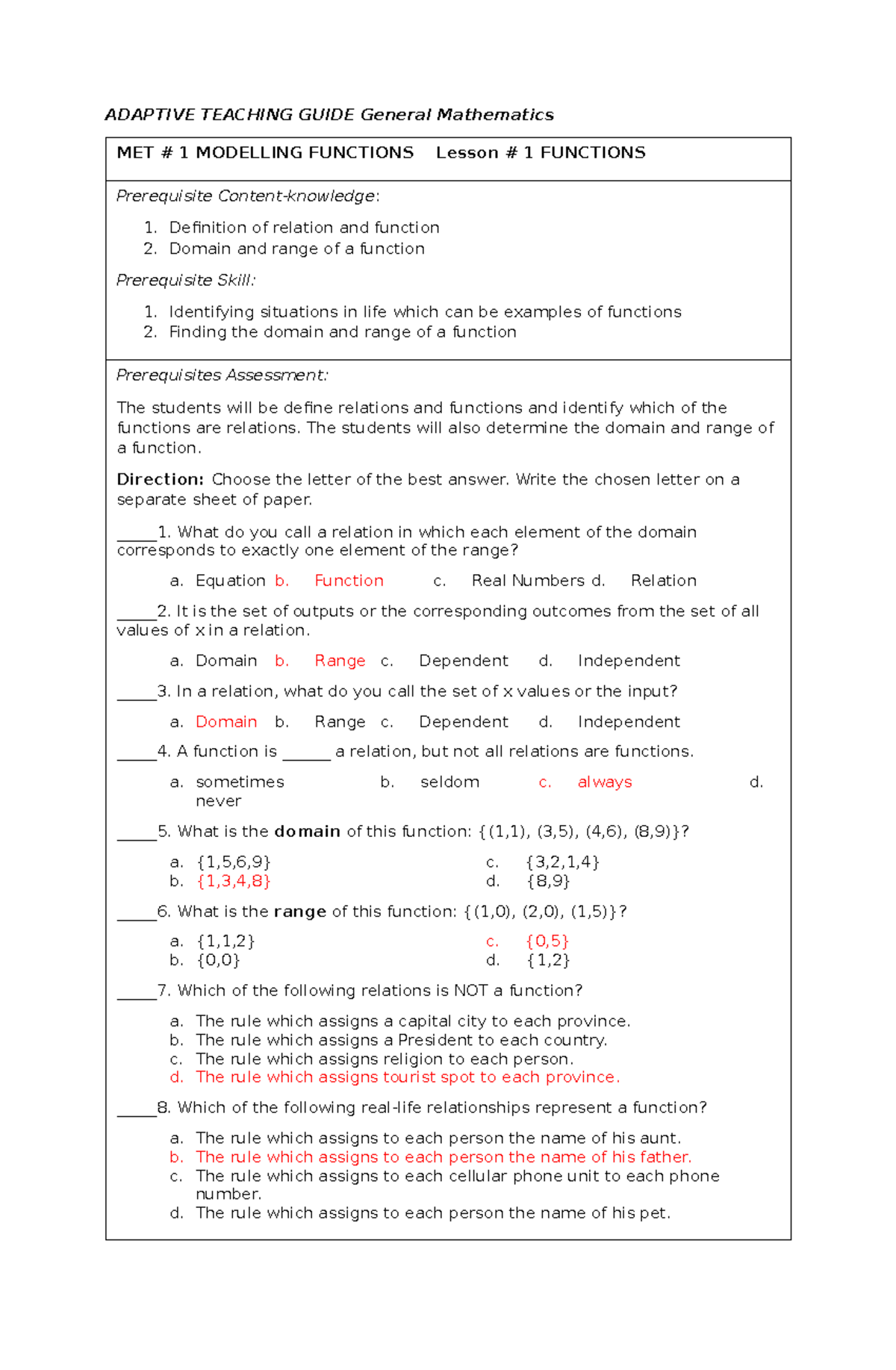 Lesson 1 Functions (ATG Gen Math) - ADAPTIVE TEACHING GUIDE General ...
