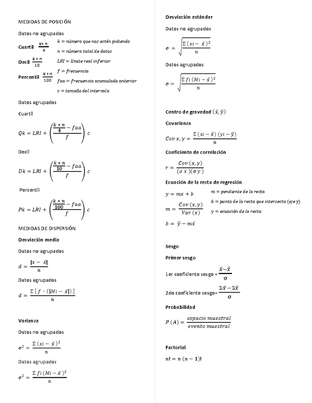 Formulario 2P Estadística - MEDIDAS DE POSICIÓN Datos no agrupados ...