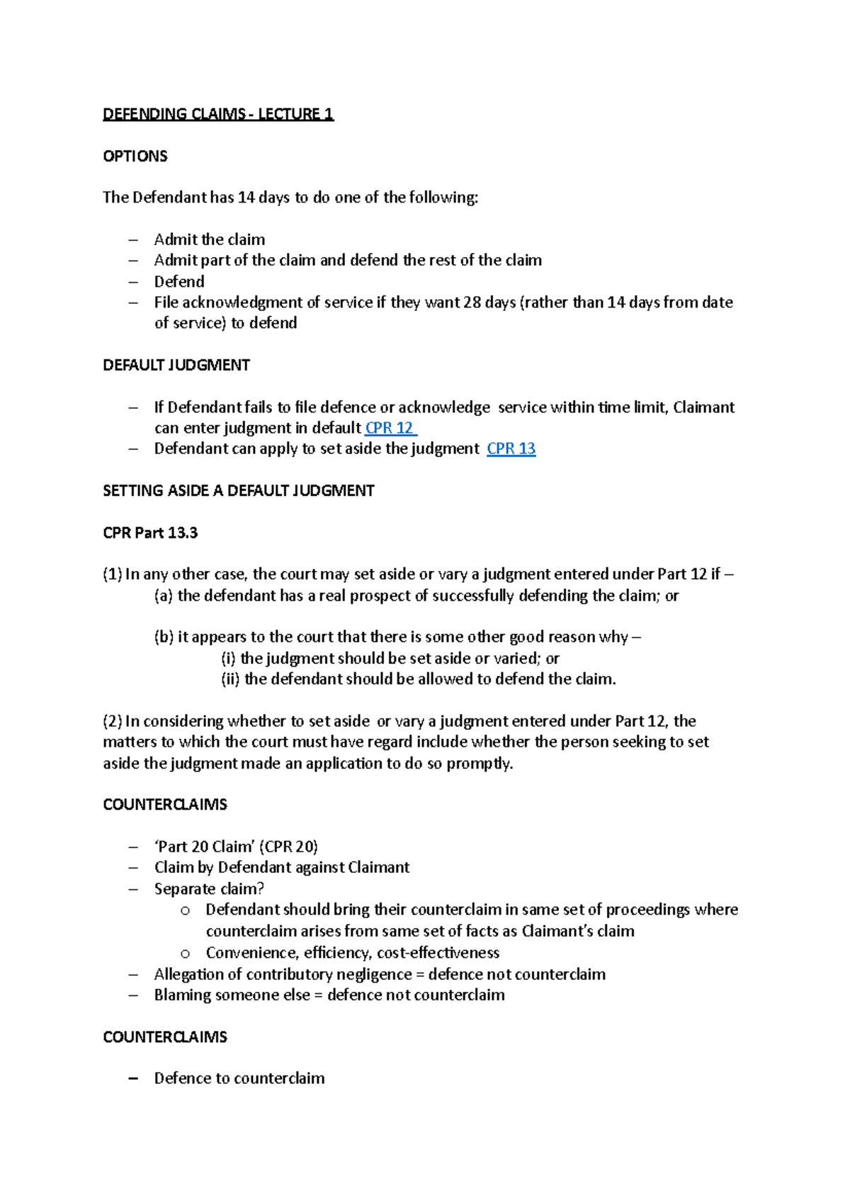 Defending Claims 1 - LAW6CVL - LSBU - Studocu