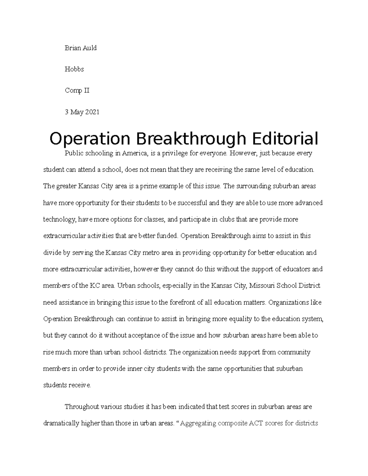 Comp IIFinal Essay - Operation Breakthrough Editorial - Brian Auld ...