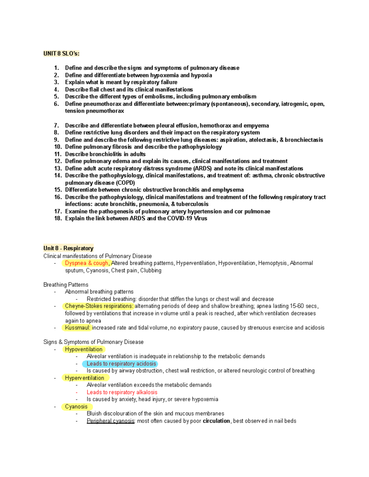 Patho Unit 8-12 - SLOS - UNIT 8 SLO’s: 1. Define and describe the signs ...