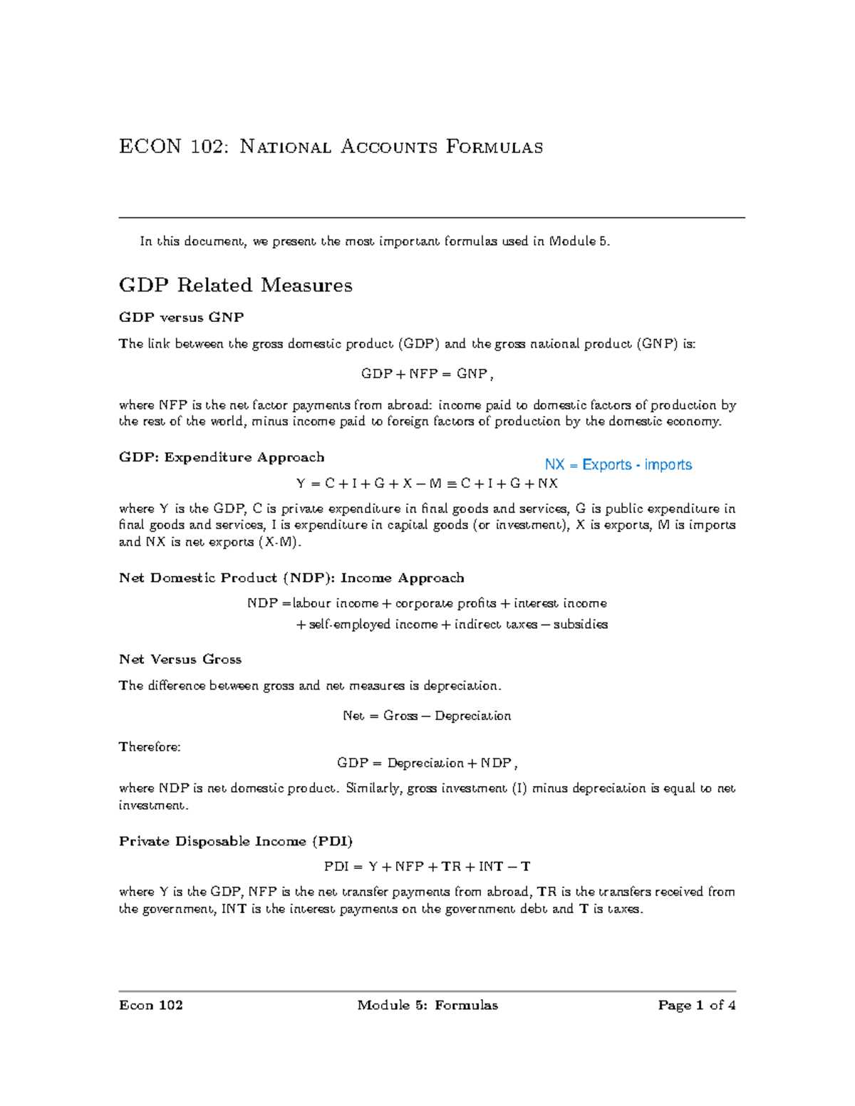 Formula sheets - ECON 102: National Accounts Formulas In this document ...
