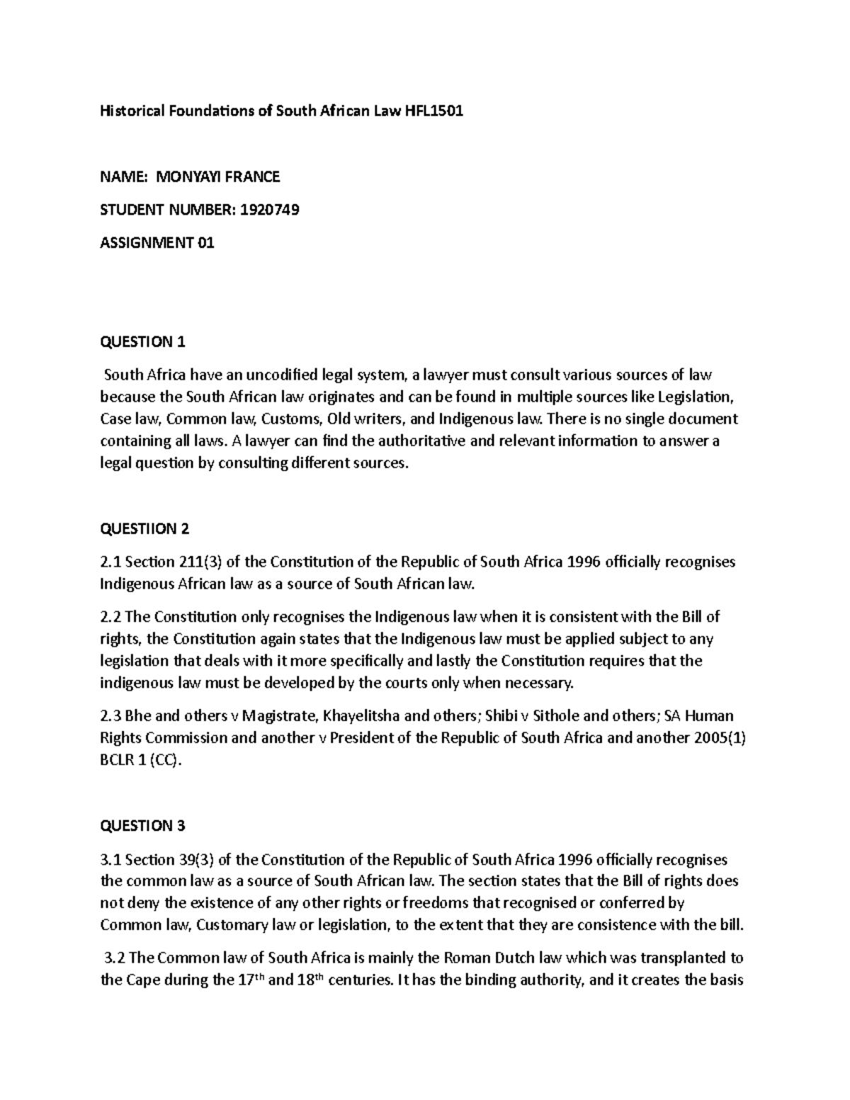 HFL1501 - Historical FoundaƟons of South African Law HFL NAME: MONYAYI ...