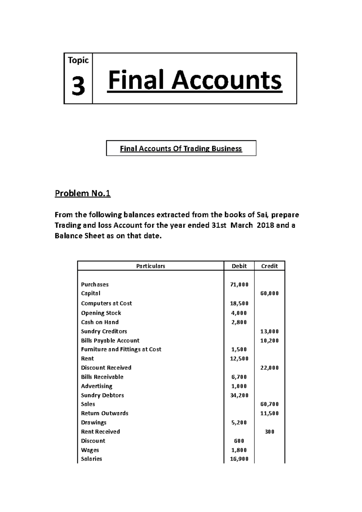 Final accounts 1 - Topic From the following balances extracted from the ...