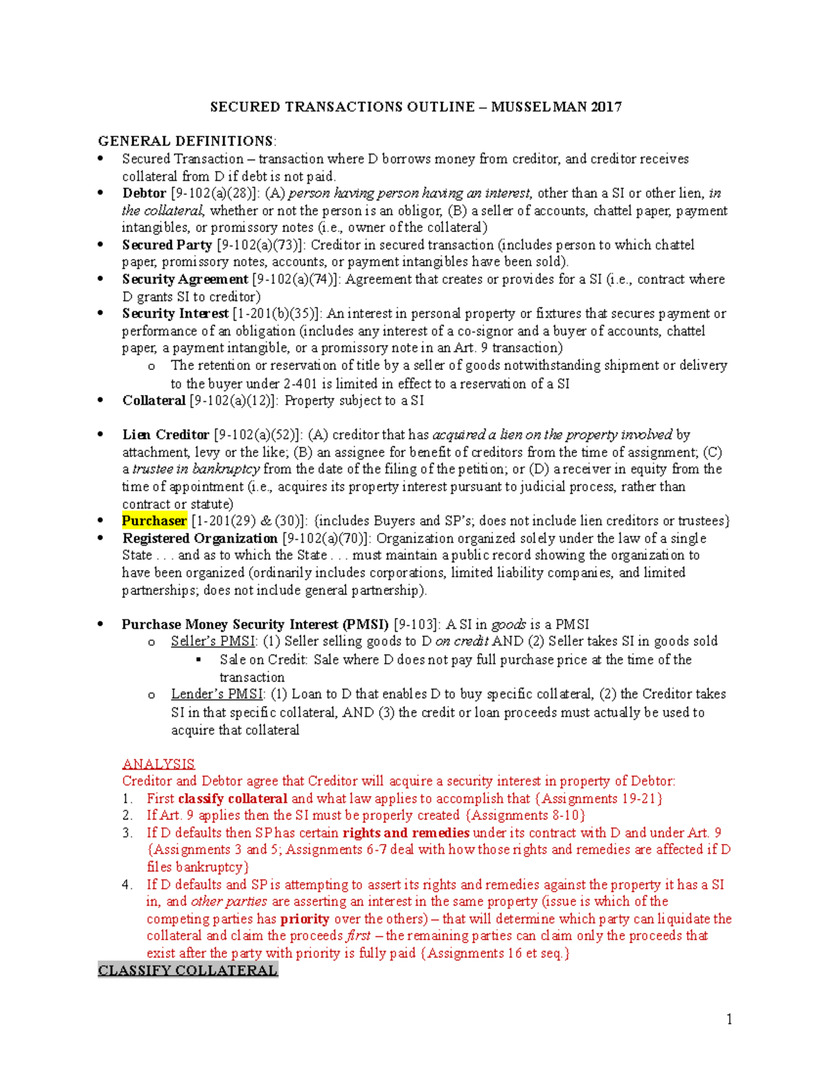 Updated Sec. Trans. Outline 2017 - SECURED TRANSACTIONS OUTLINE ...