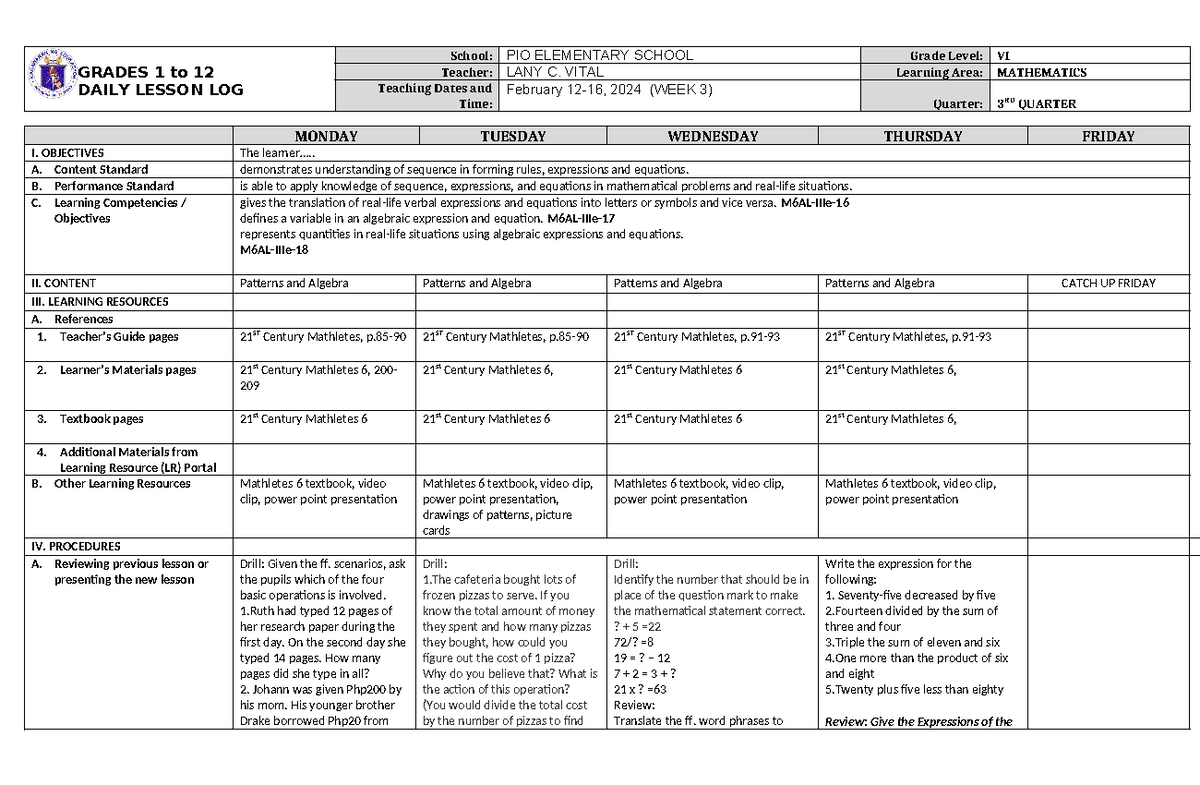 DLL Mathematics-6 Q3 W3-final - GRADES 1 to 12 DAILY LESSON LOG School ...