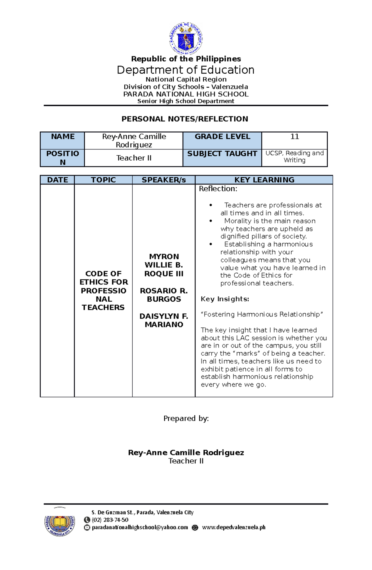 Reflection Code of Ethics - Republic of the Philippines Department of ...