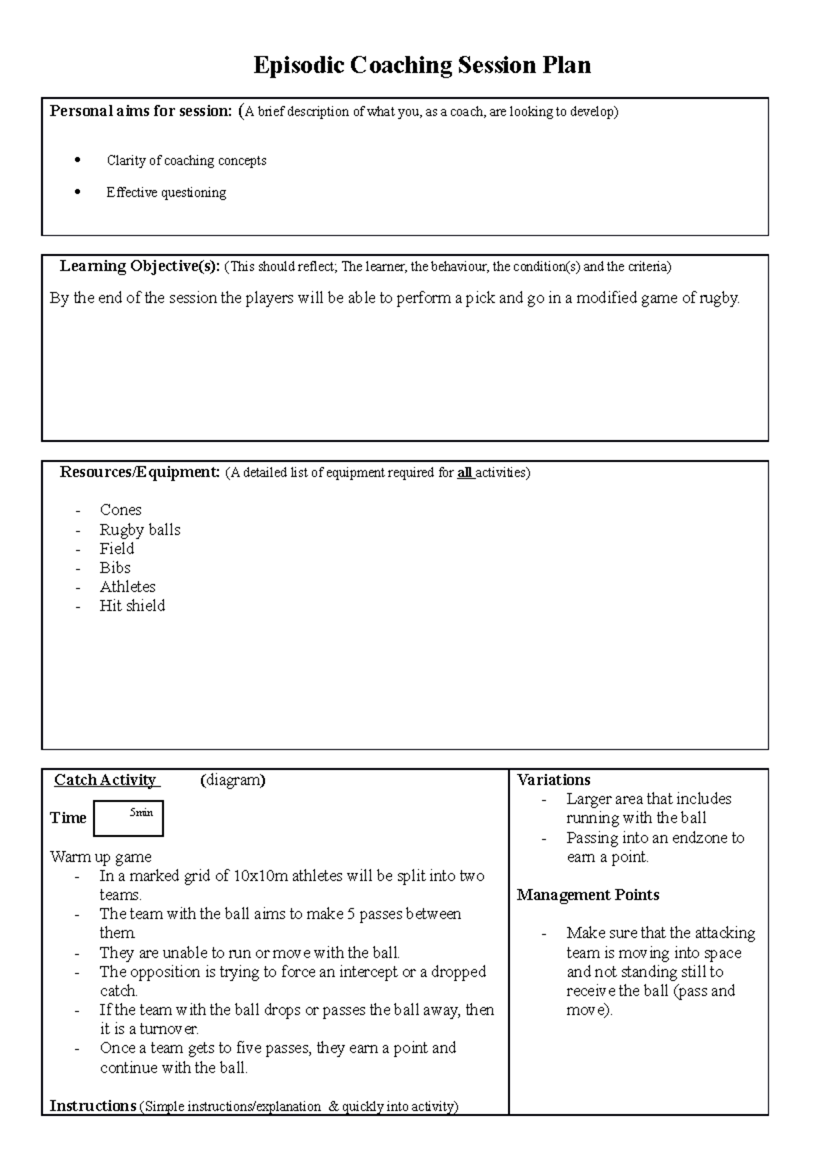 11 - Lesson plan exemplar 11 - Episodic Coaching Session Plan Personal ...