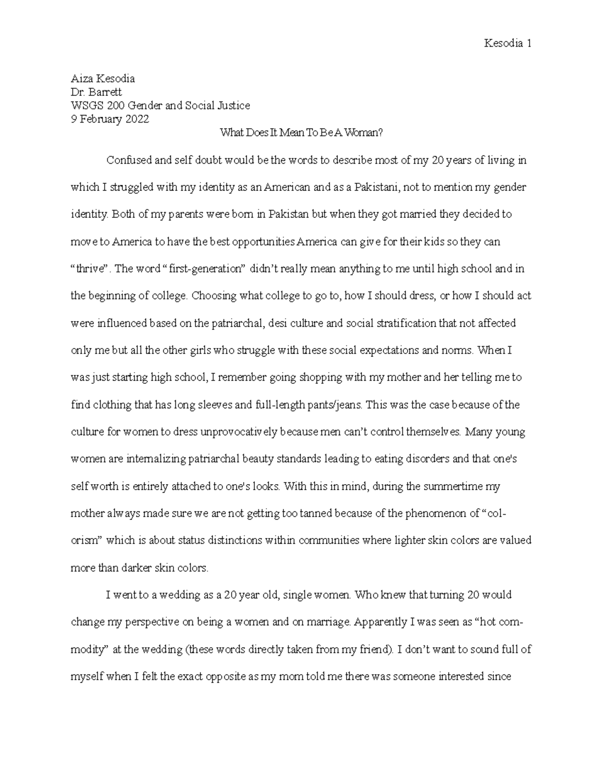 Gender studies - essay on feminism - Aiza Kesodia Dr. Barrett WSGS 200 ...