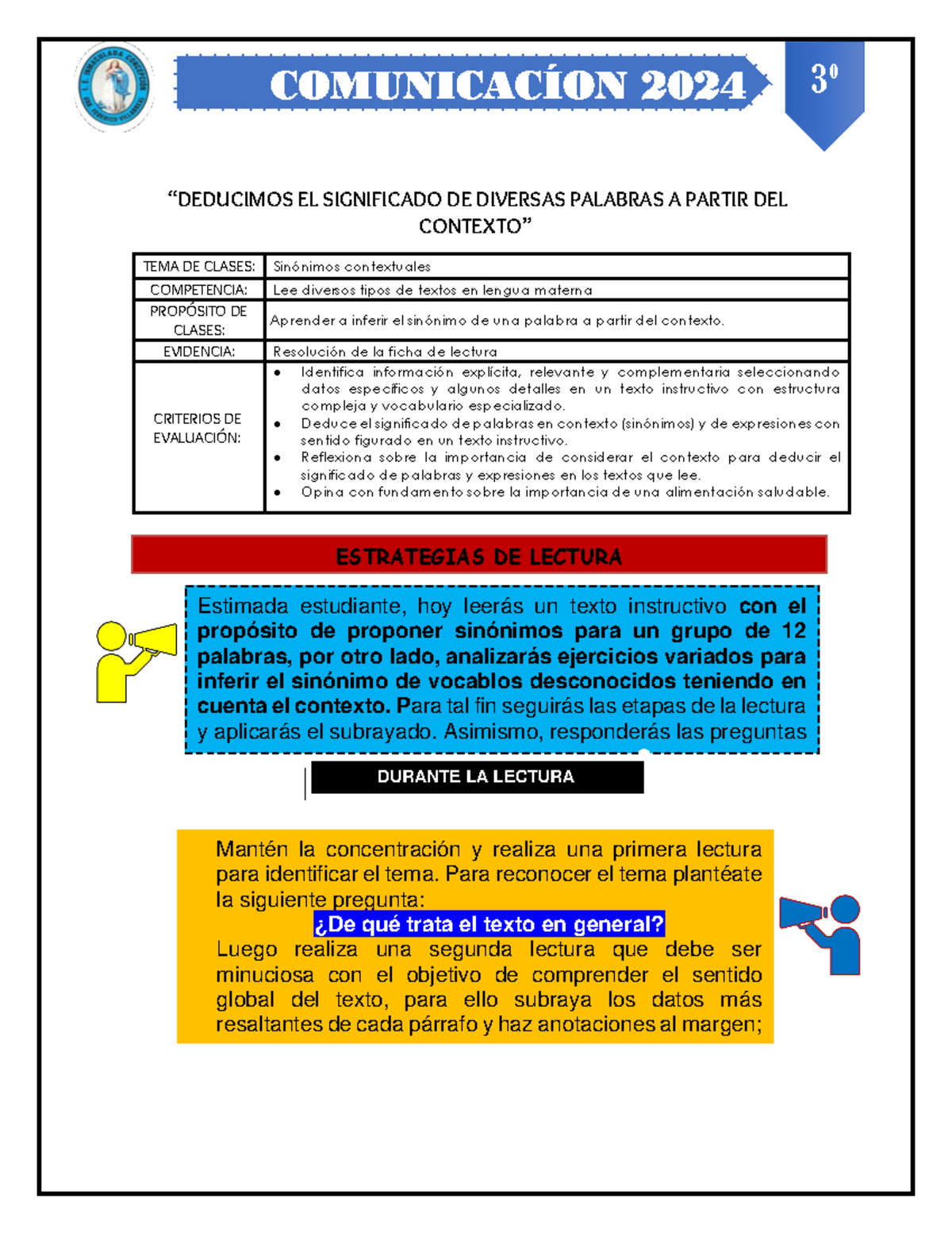 Ficha de actividad sinónimos contextuales - “DEDUCIMOS EL SIGNIFICADO ...