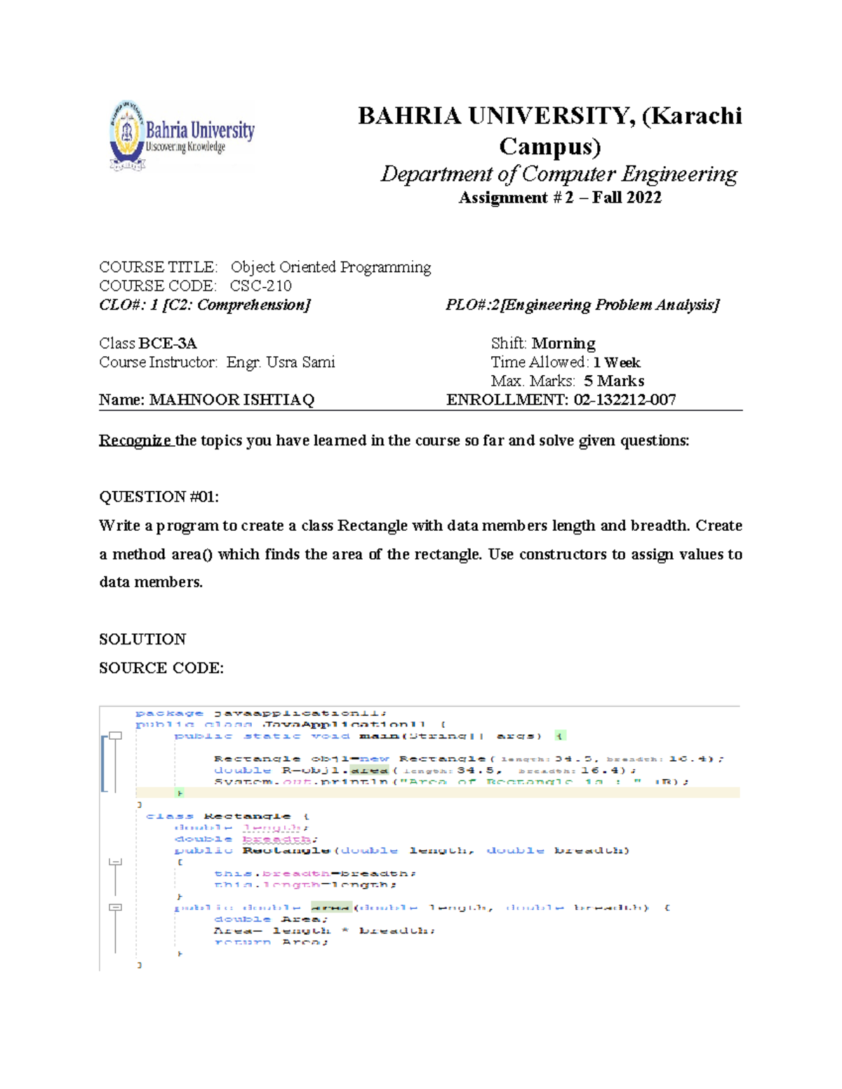 Bahria University - OOP ASSIGNMET 02 - BAHRIA UNIVERSITY, (Karachi Campus) Department of ...