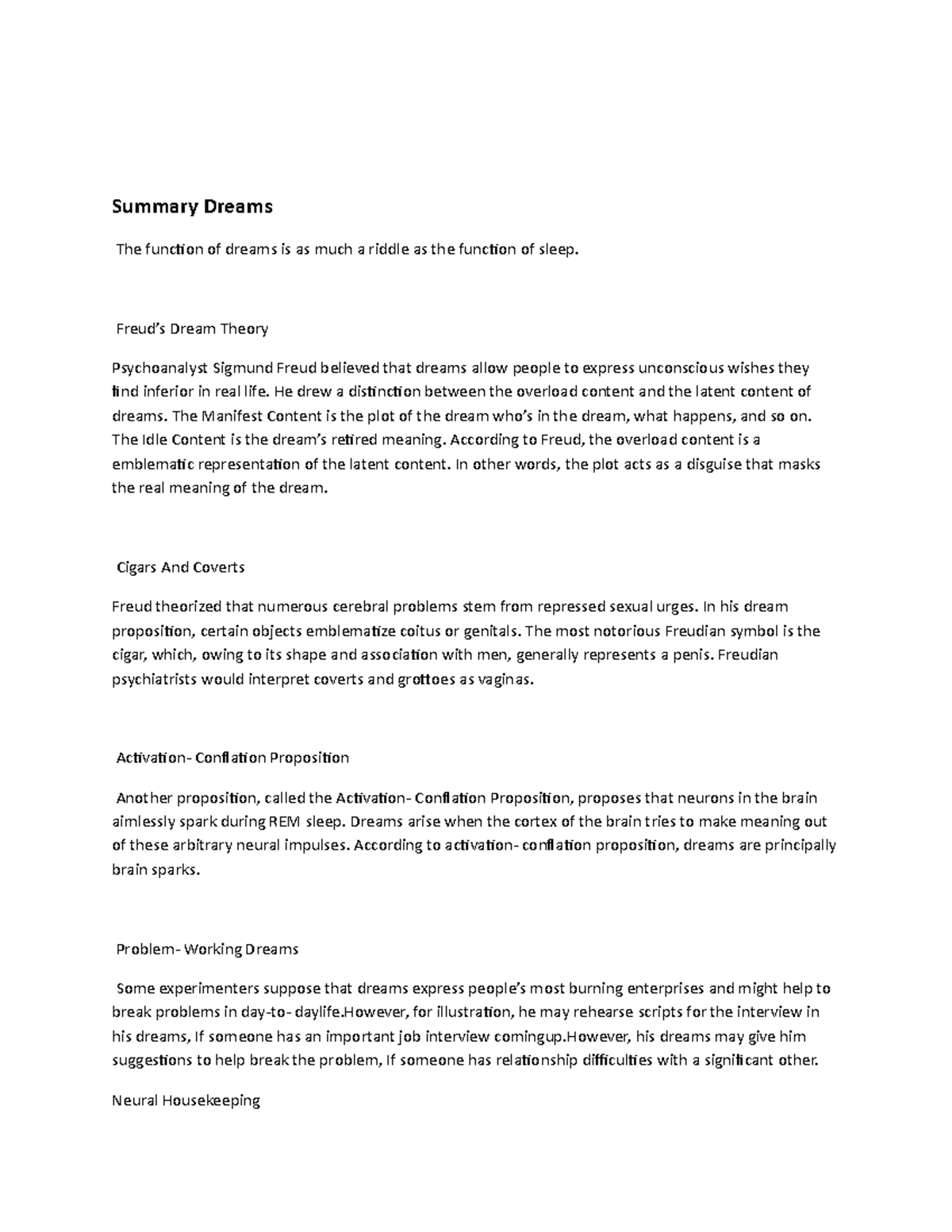 S Summary Dreams-note - Summary Dreams The function of dreams is as ...