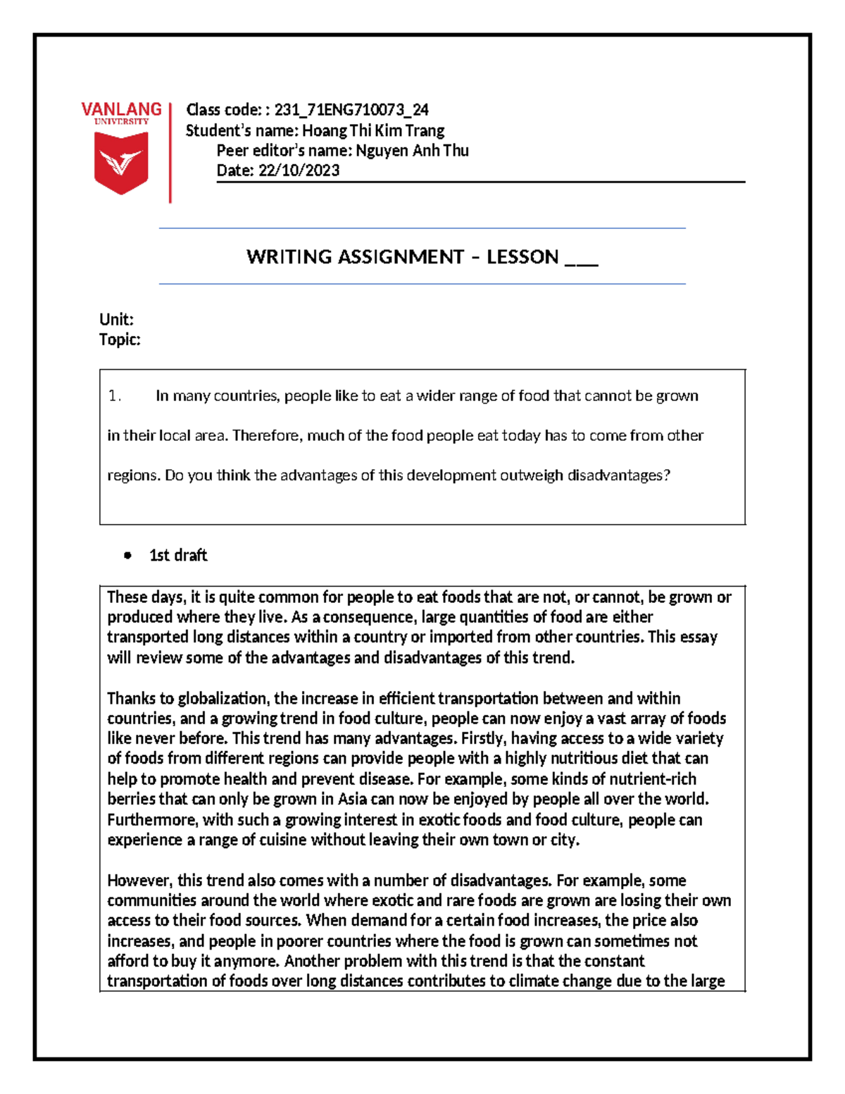 Template Writing assignment - Class code: : 231_71ENG710073_ Student’s name: Hoang Thi Kim Trang ...