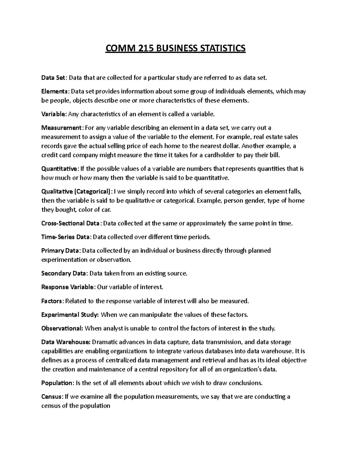 COMM 215 Business Statistics - COMM 215 BUSINESS STATISTICS Data Set ...