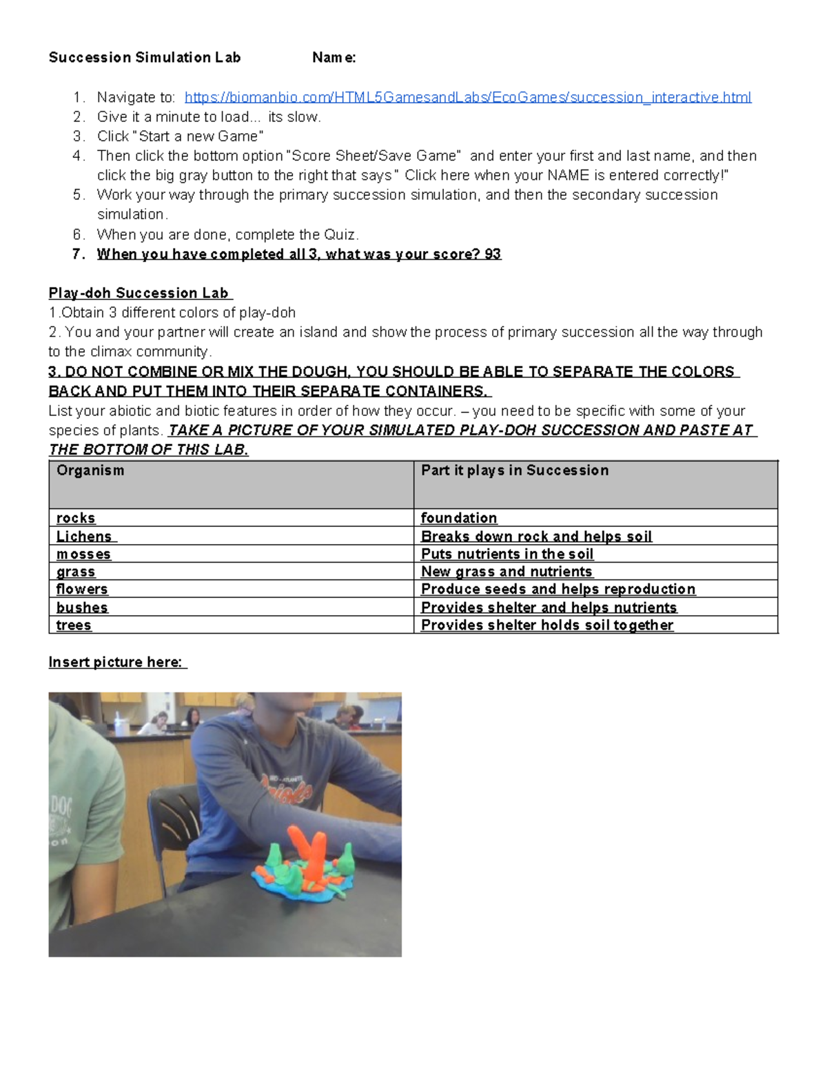 Succession Simulation Play-doh Lab - Succession Simulation Lab Name: 1 ...