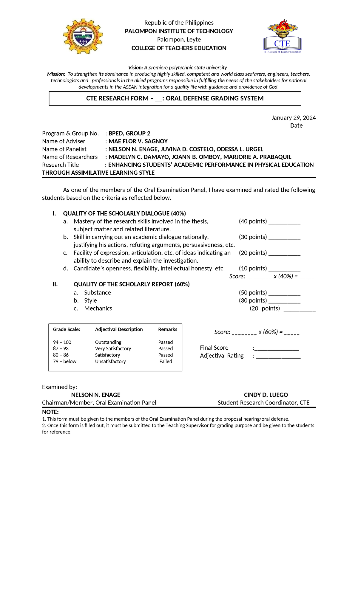 Rating Sheet - Research Paper - Republic of the Philippines PALOMPON ...