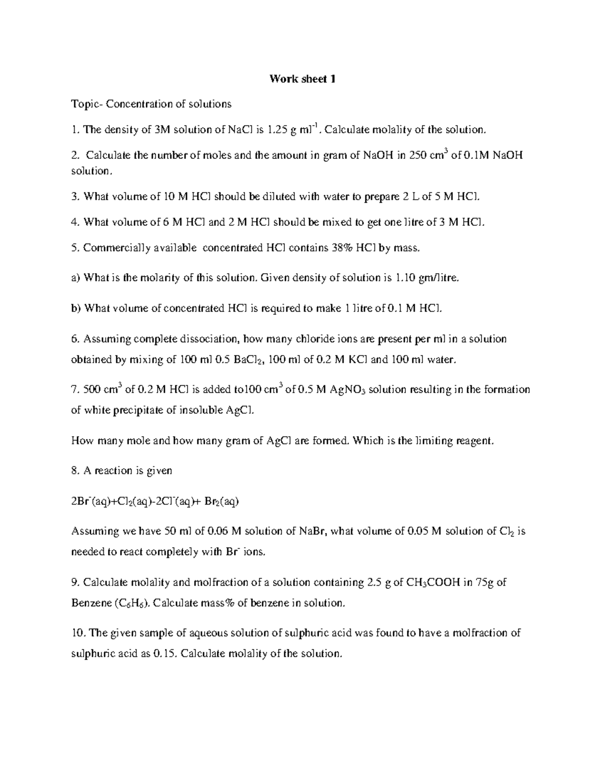Concentration of Solution Chemistry Worksheet - Work sheet 1 Topic ...