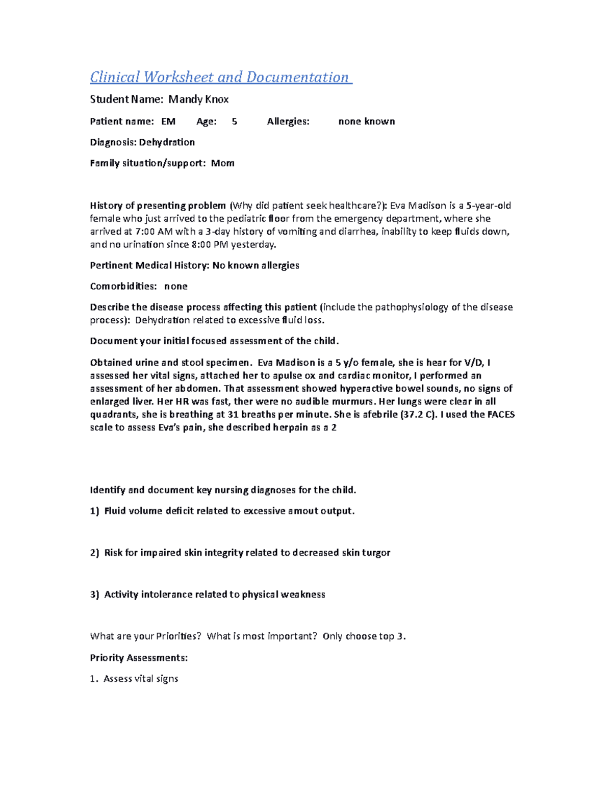 Clinical Worksheet Eva Madison - Clinical Worksheet and Documentation ...