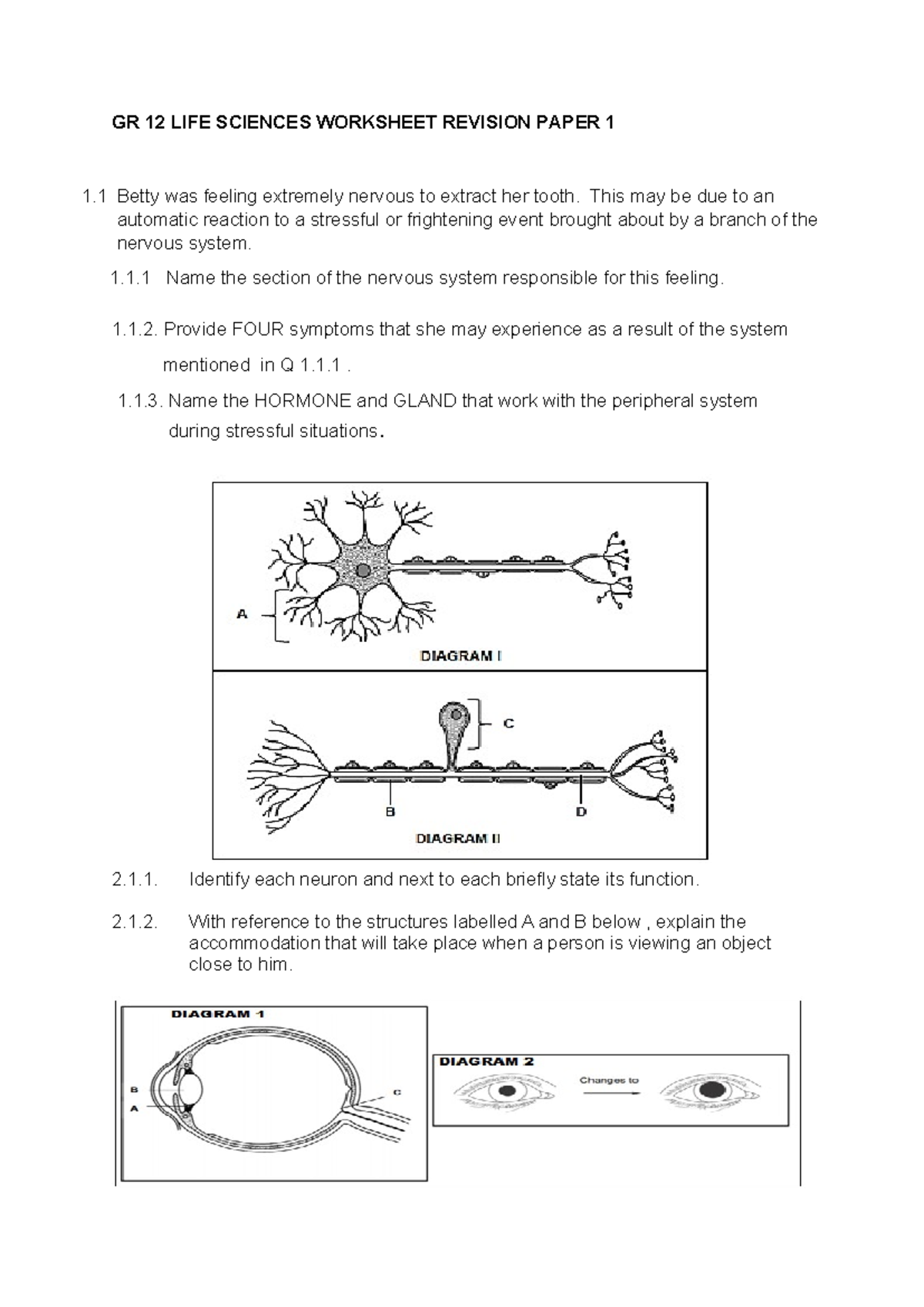 Worksheet Revision Paper 1 e - GR 12 LIFE SCIENCES WORKSHEET REVISION ...