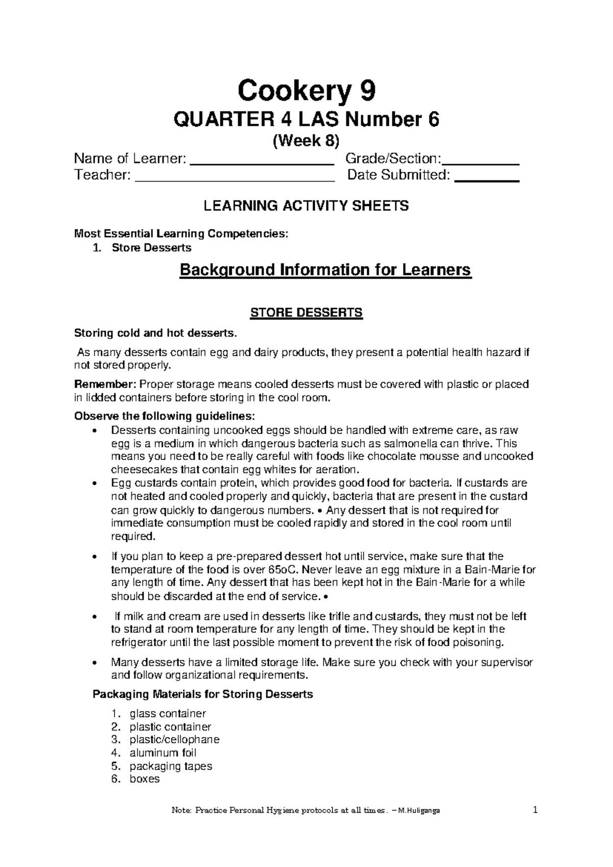 cookery 9 quarter3 - Cookery 9 QUARTER 4 LAS Number 6 (Week 8) Name of ...