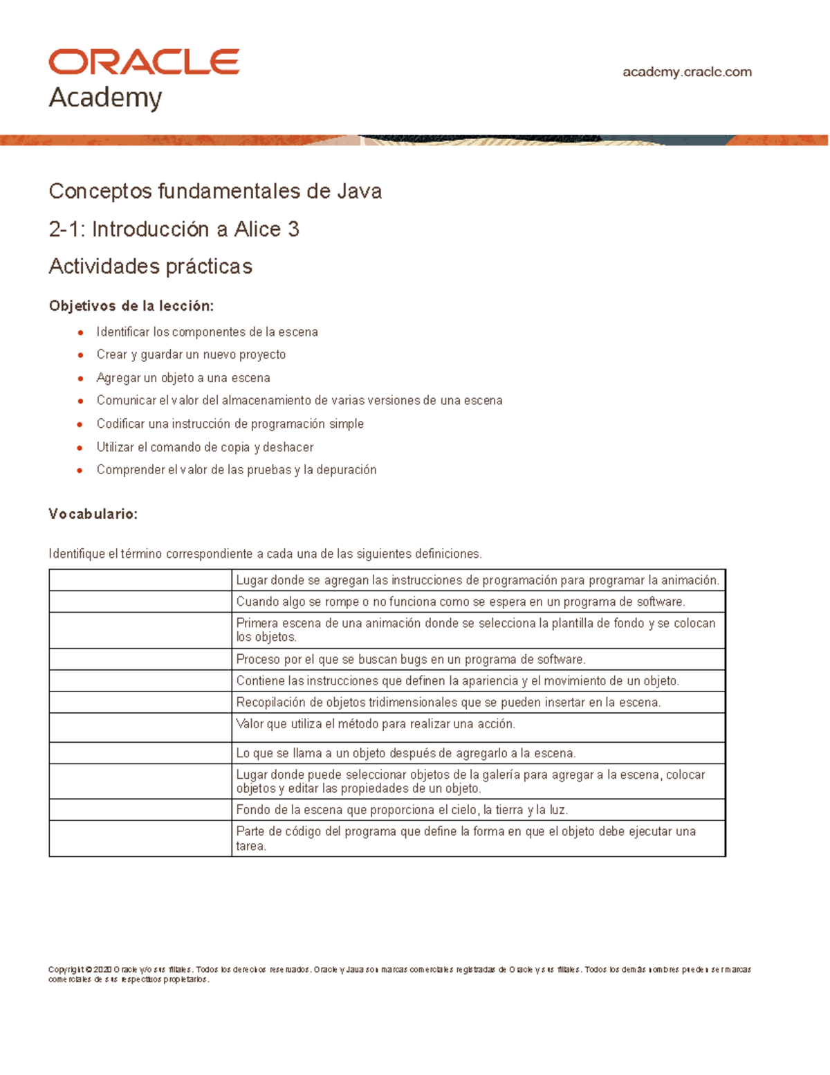 JF 2 1 Practice esp - Java - Copyright © 2020 Oracle y/o sus filiales ...