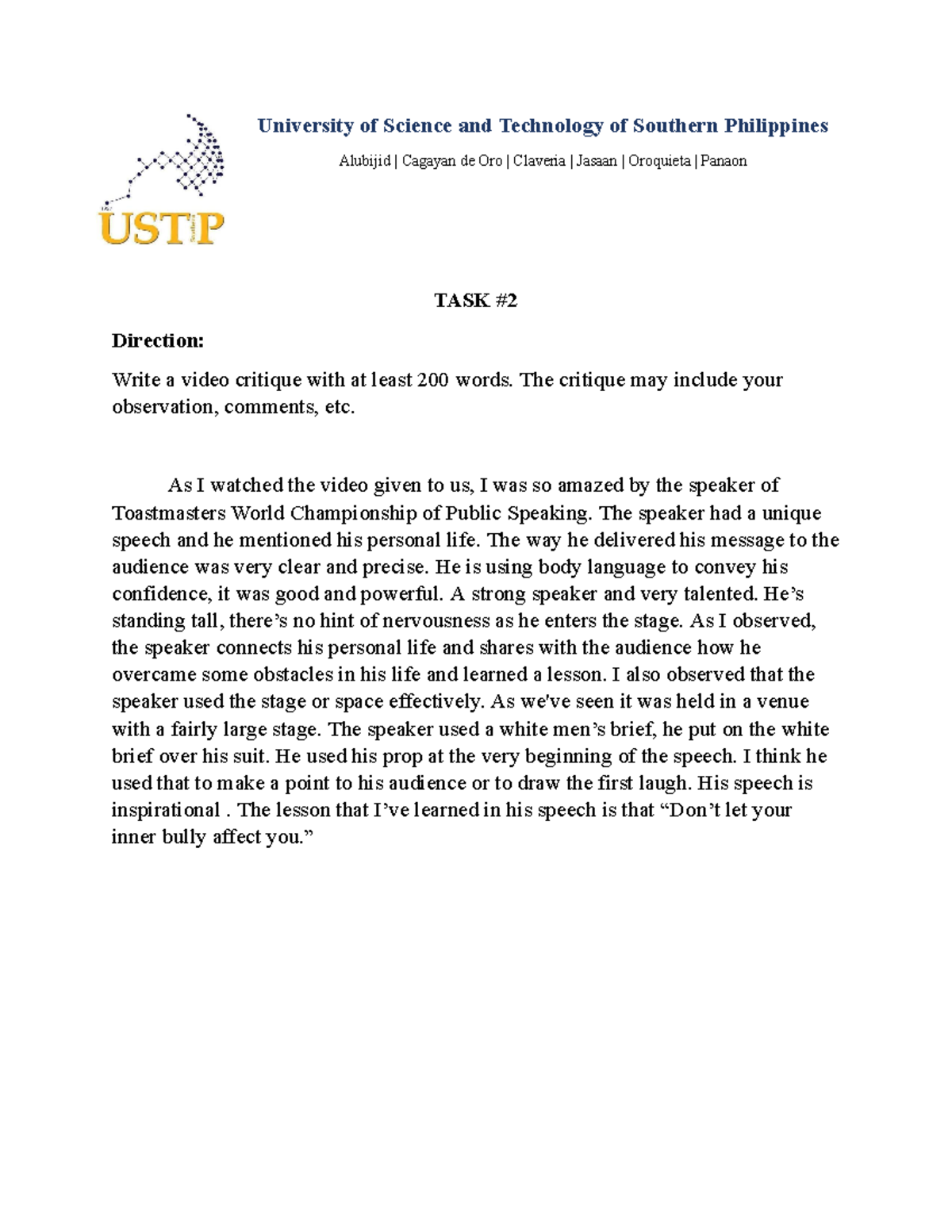 TASK2 - Coursework for college students about video critique in ...