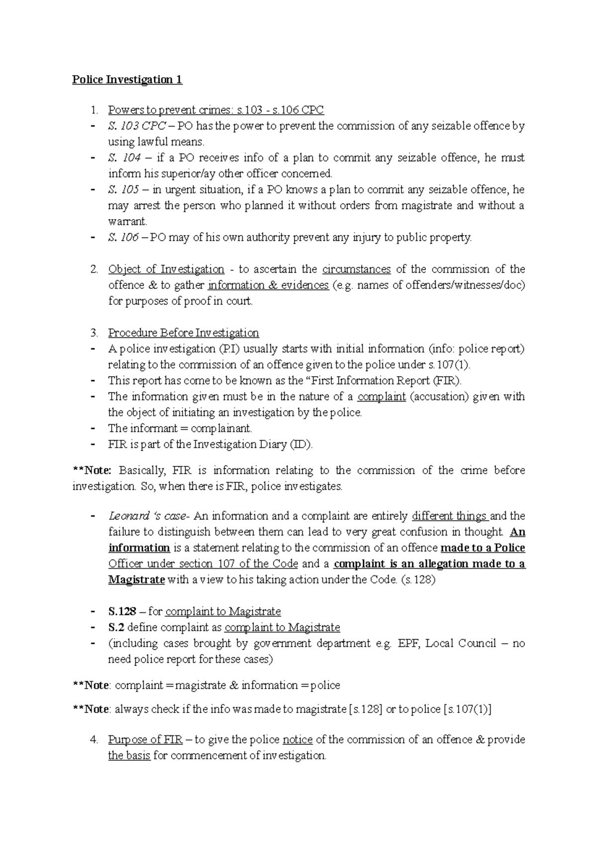 Police Investigation Part 1 - Police Investigation 1 1. Powers to ...