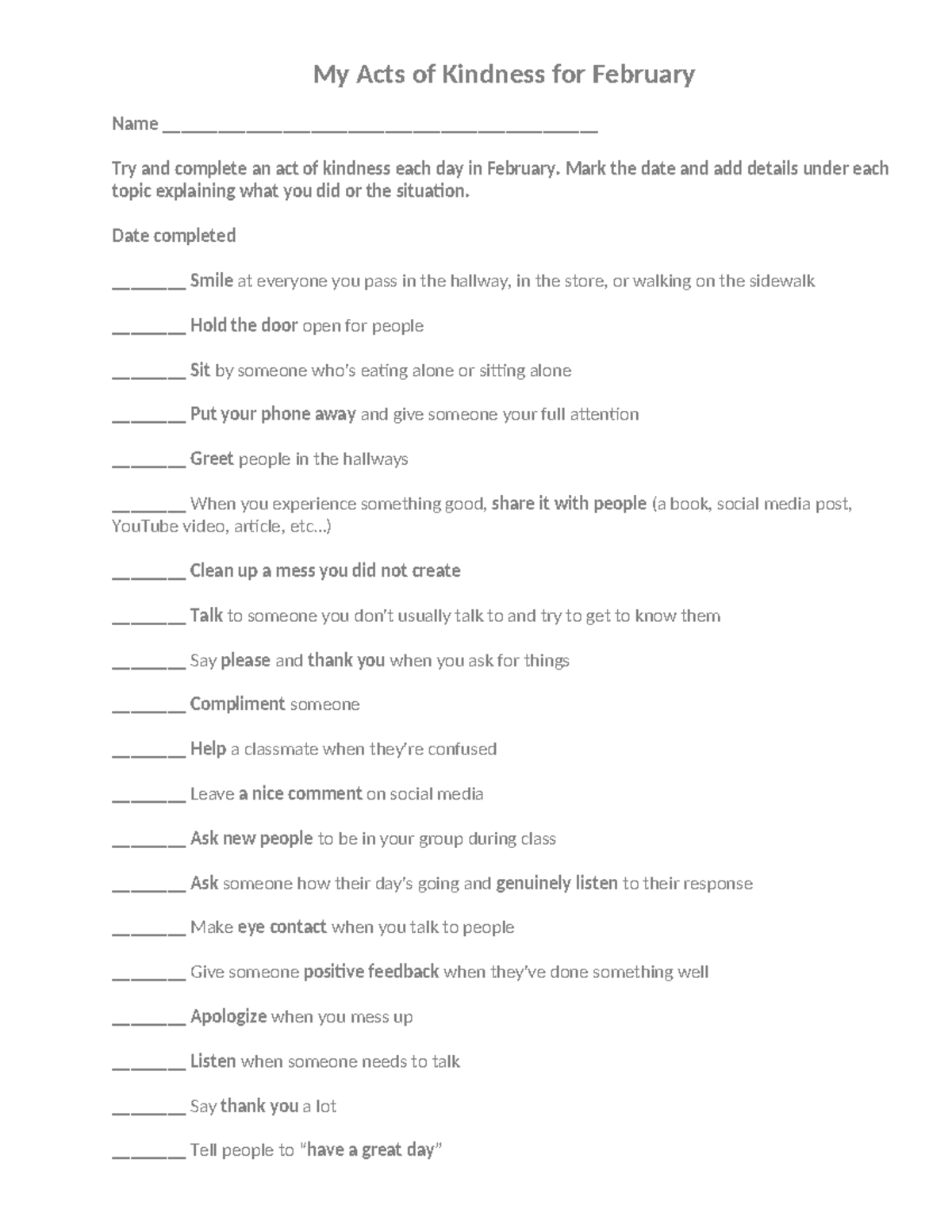 Copy of My Acts of Kindness for February - My Acts of Kindness for ...
