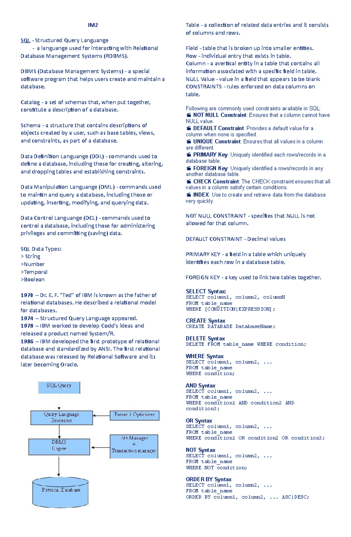 IM2 Reviewer Premid - Lecture notes 1-3 - IM SQL - Structured Query ...