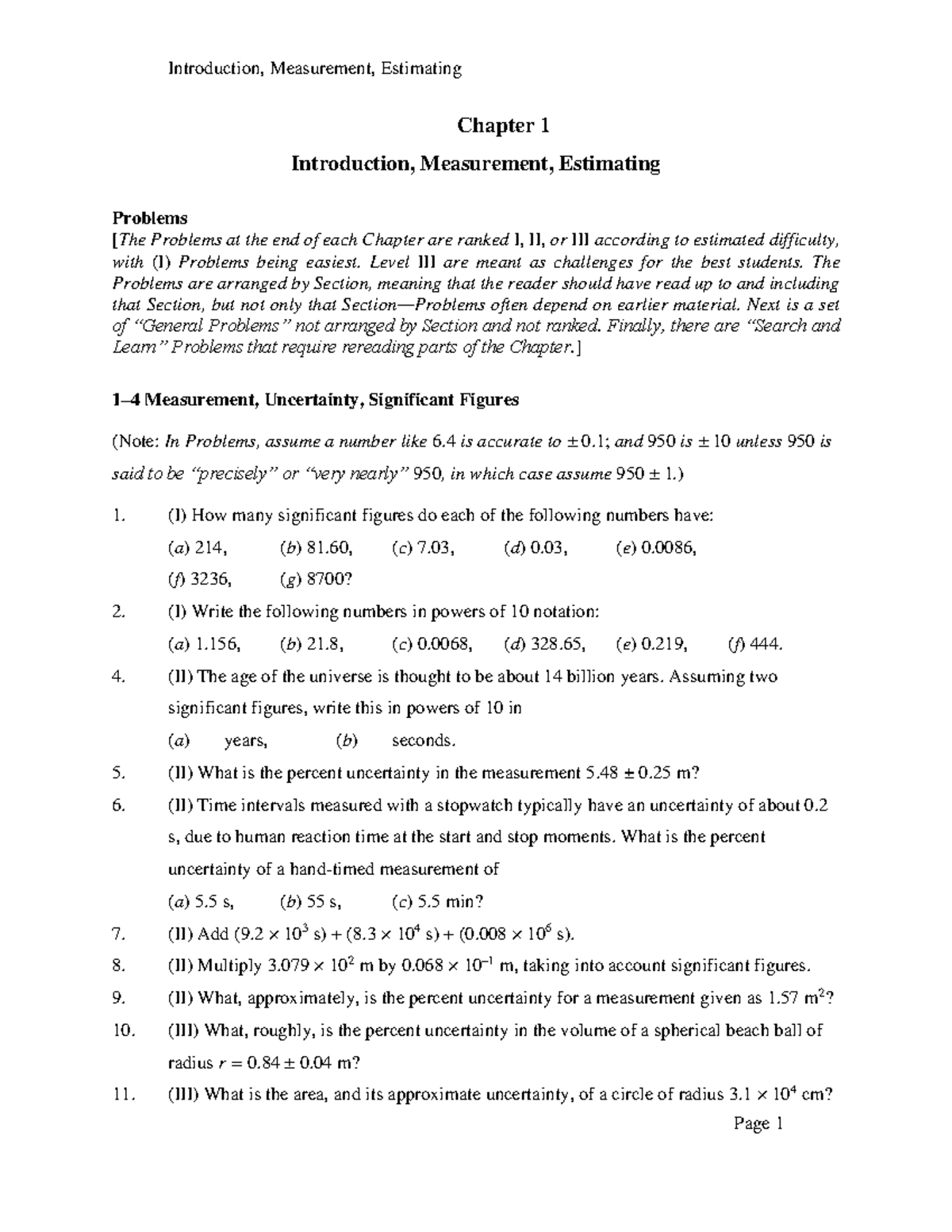 Tutorial CH 1 - Introduction, Measurement, Estimating Page 1 Chapter 1 Introduction, Measurement ...