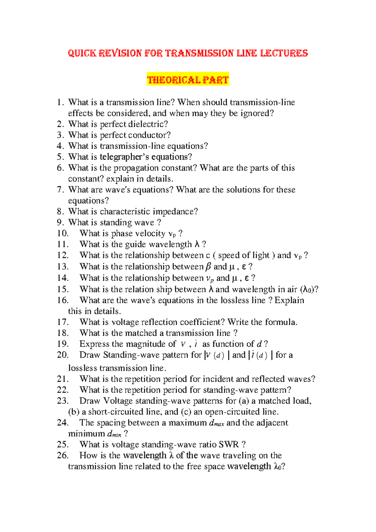 Theorical questions for transmission line 2 - Quick revision for ...