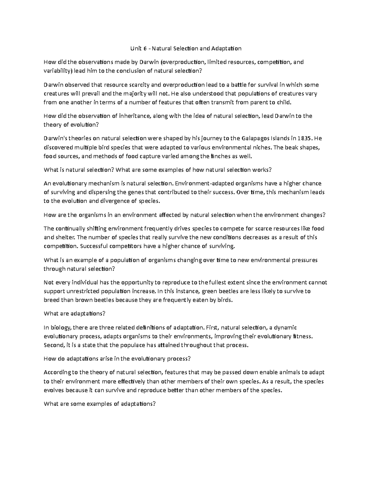 Bio 130 study guide Unit 6 - Unit 6 - Natural Selection and Adaptation ...