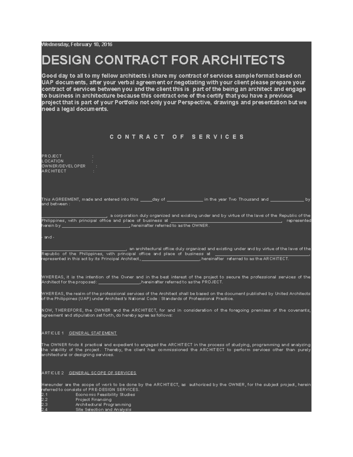 Sample Contract Document - Wednesday, February 10, 2016 DESIGN CONTRACT ...
