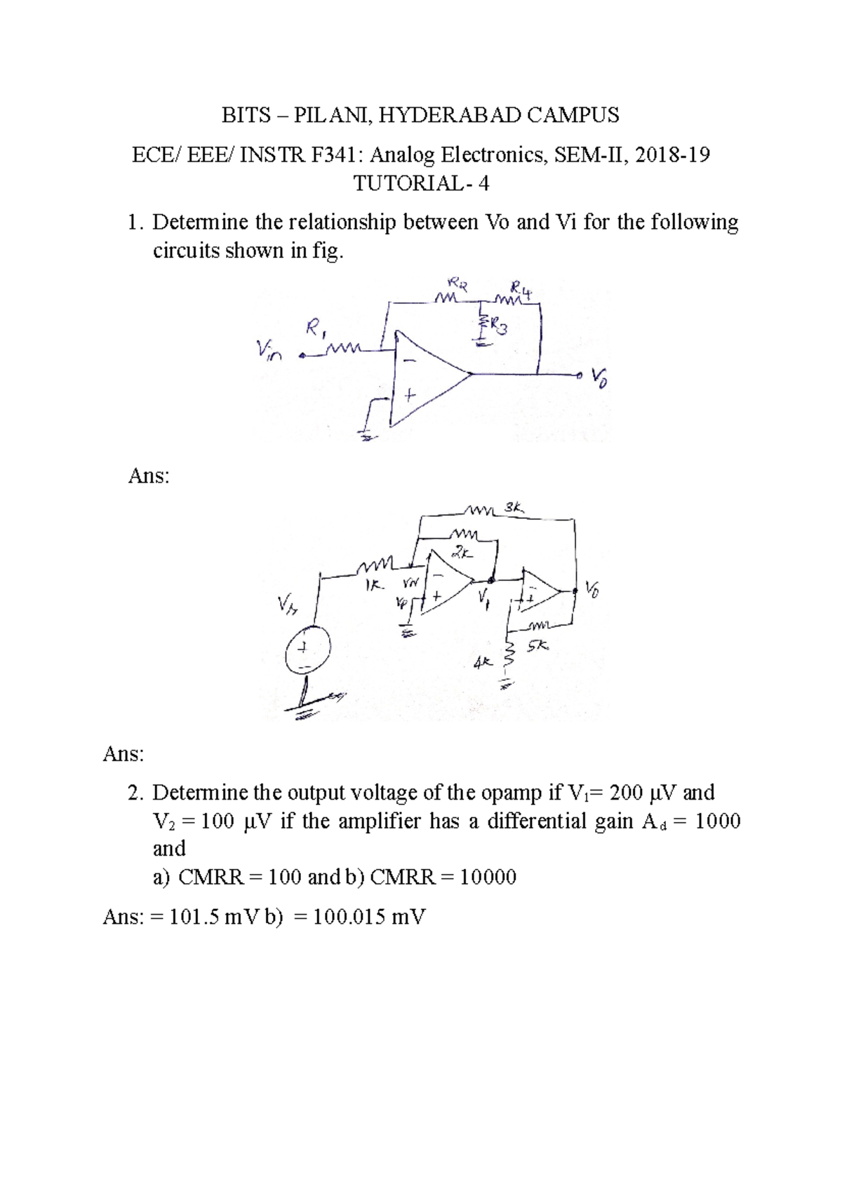 Tutorial 4 Analog Electronics with answers - BITS – PILANI, HYDERABAD CAMPUS ECE/ EEE/ INSTR ...