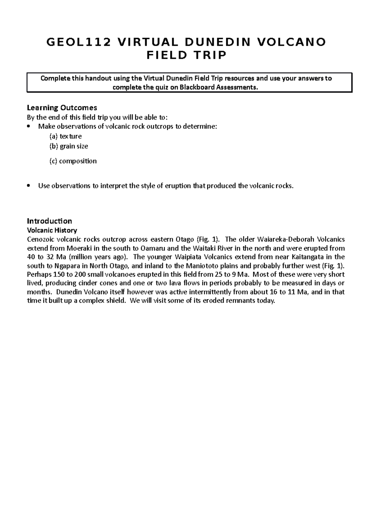 GEOL112 Virtual Dunedin Volcano field trip 2022 handout - G E O L 1 1 2 ...