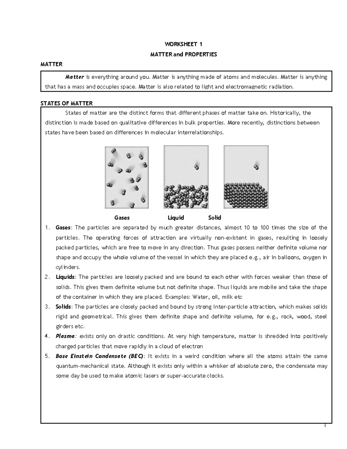 Worksheet 1 Matter and Its Properties - WORKSHEET 1 MATTER and ...