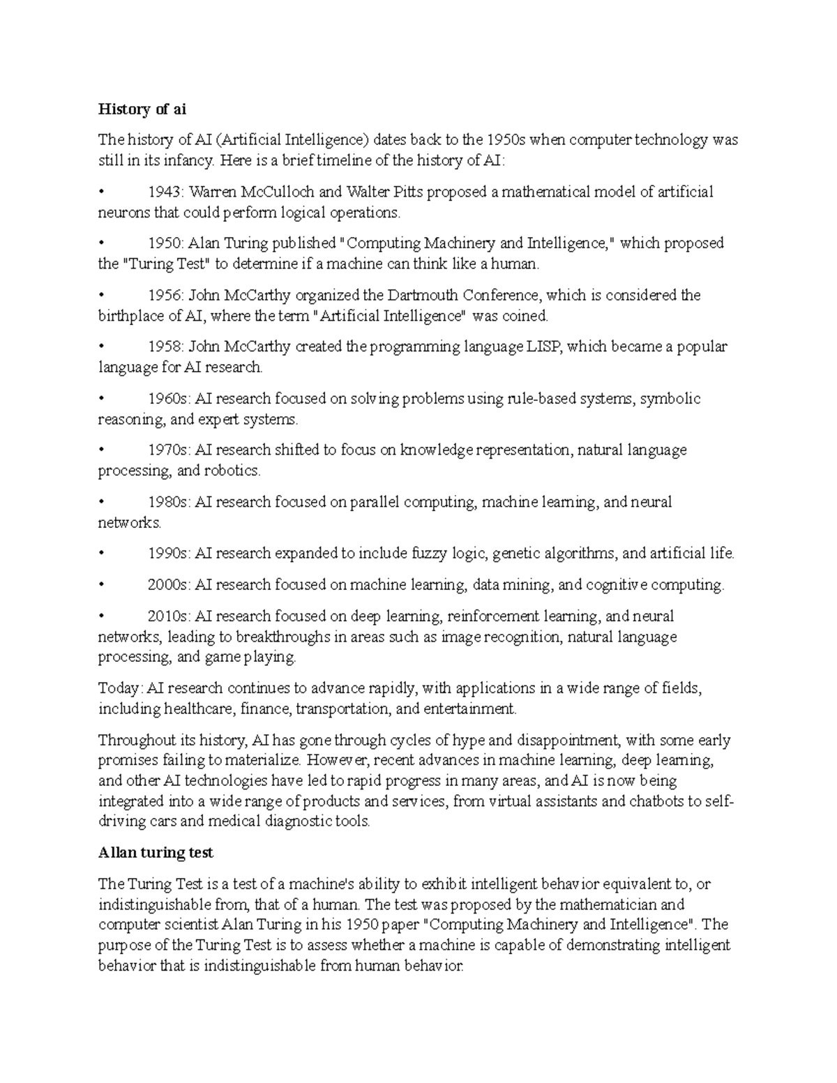 History of a1 - History of ai The history of AI (Artificial ...
