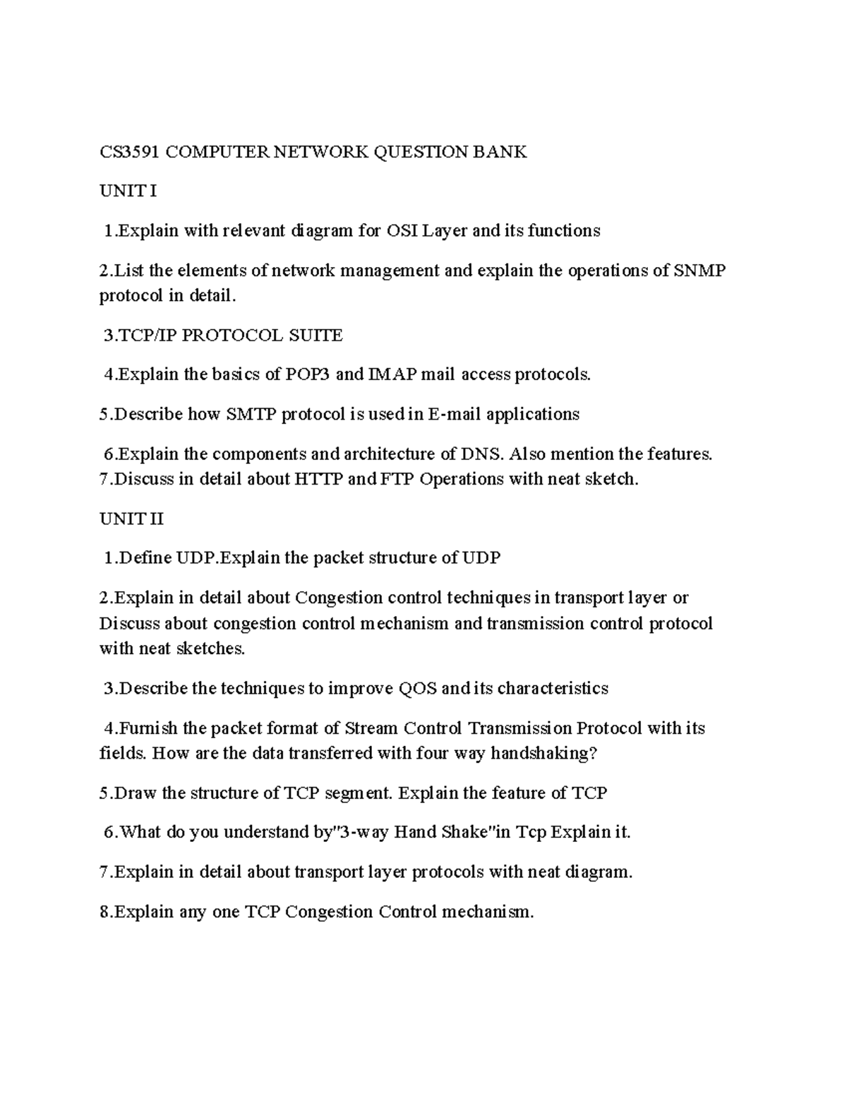 CS3591 Computer Network Question BANK - CS3591 COMPUTER NETWORK QUESTION BANK UNIT I 1 with ...