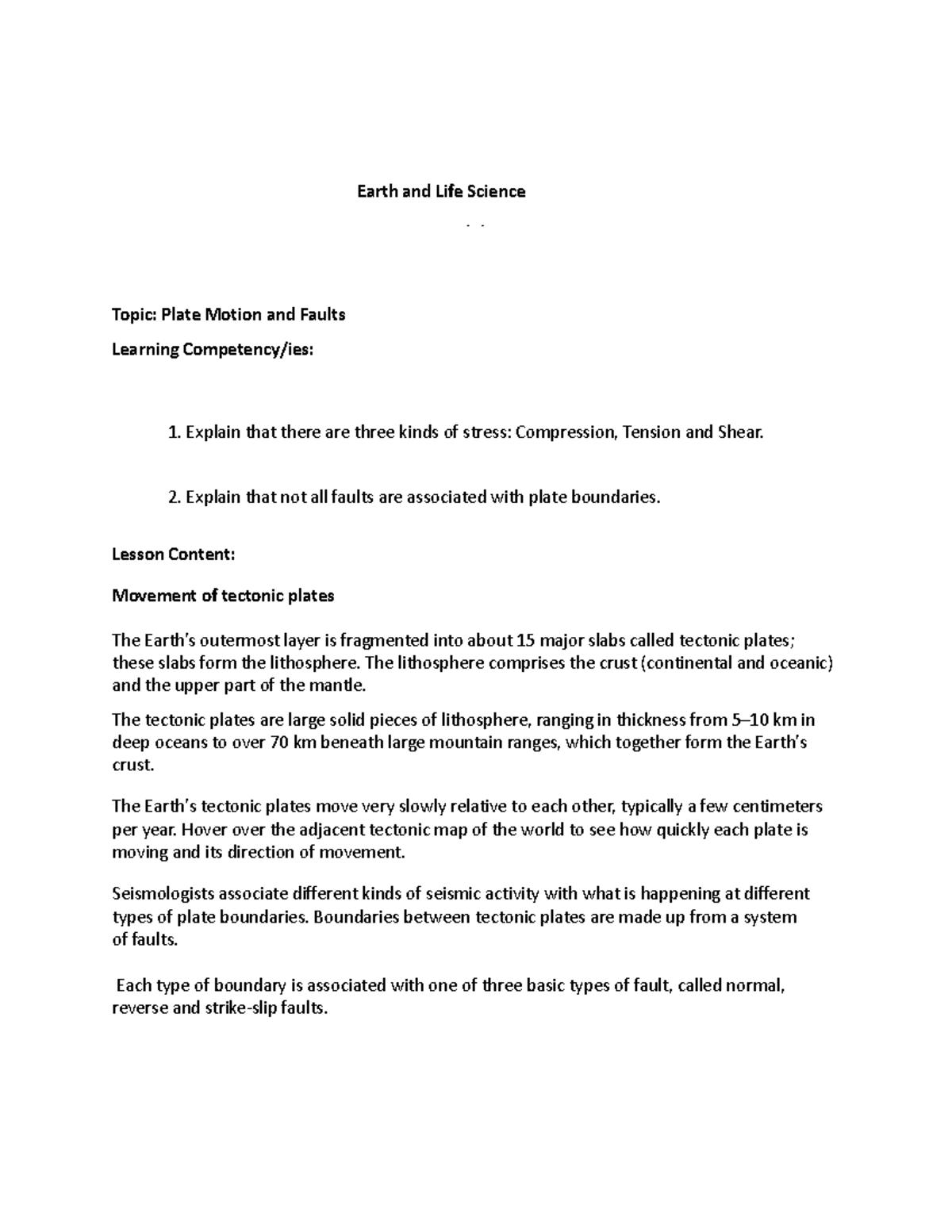 Plate Motion and Faults - Earth and Life Science (Sci 100) Module 11 ...