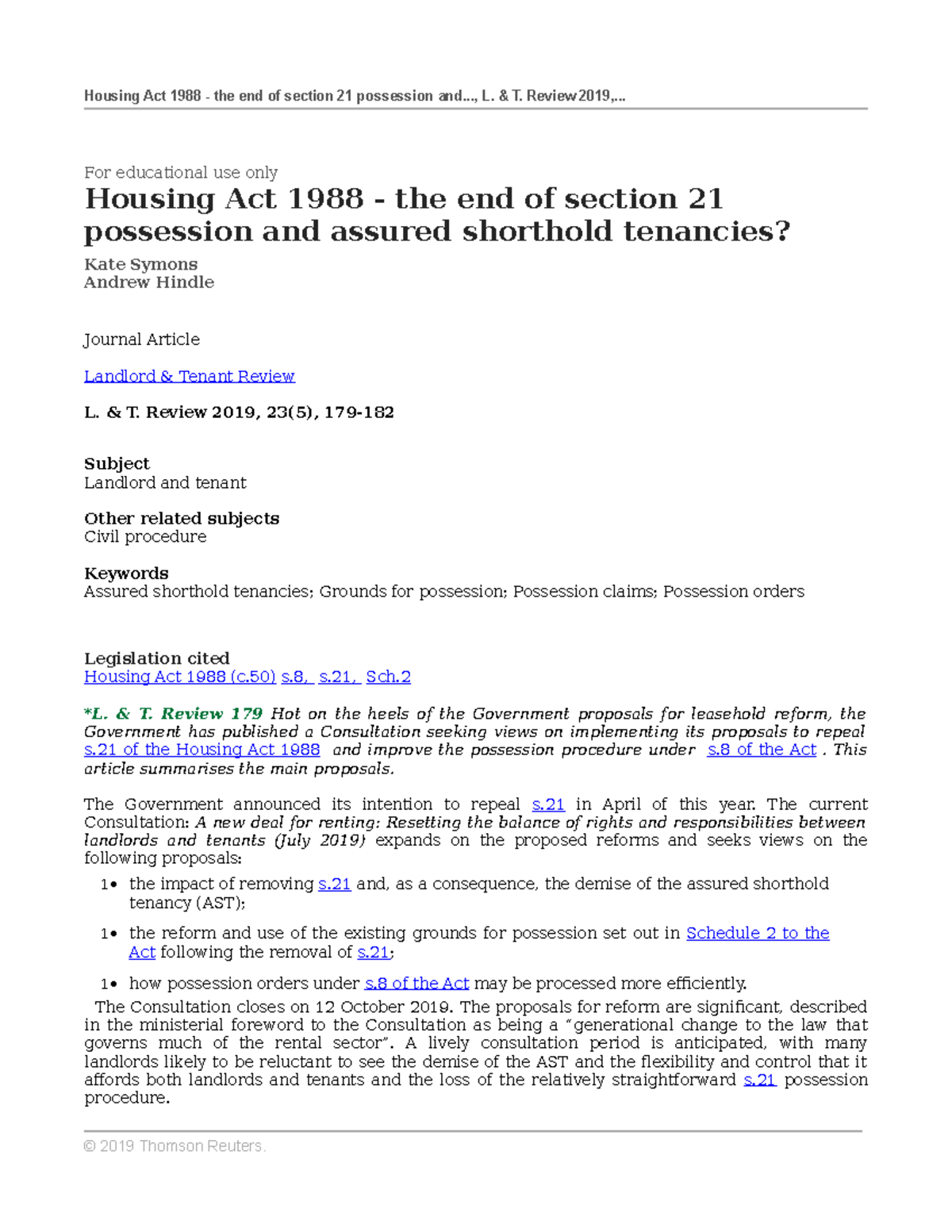 Housing Act 1988 The End Of Section 21 Possession And Assured