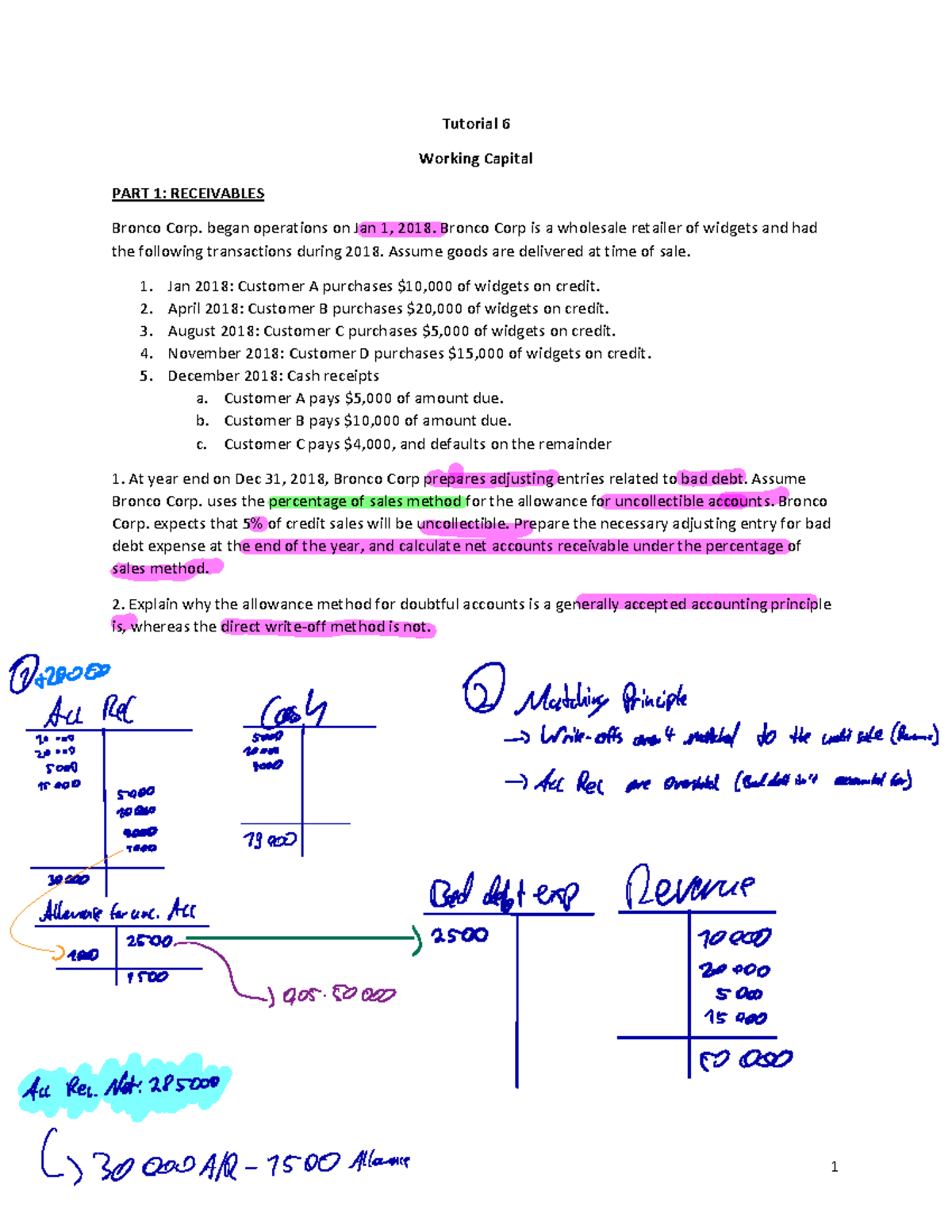 Solution Tutorial 6 - 1 Tutorial 6 Working Capital PART 1: RECEIVABLES Bronco Corp. began ...