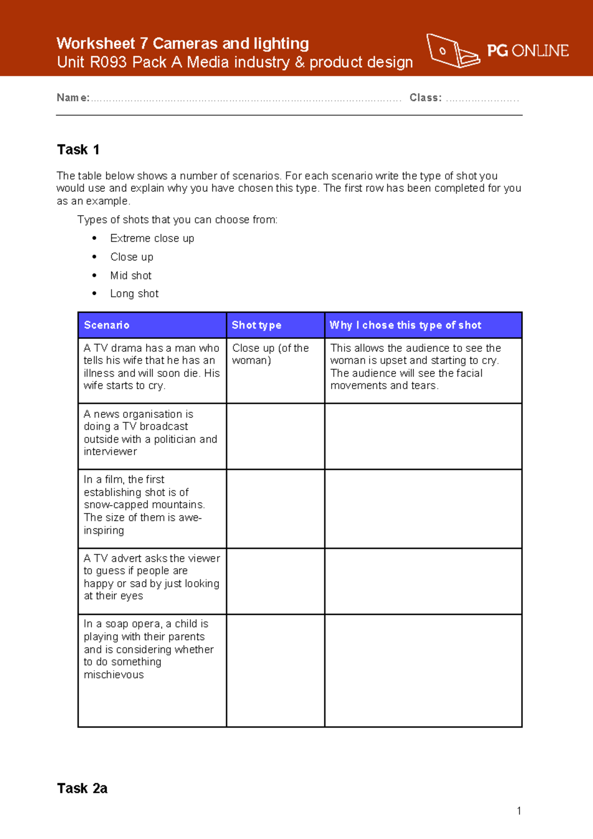 Camera Techniques - Worksheet Questions - Unit R093 Pack A Media ...