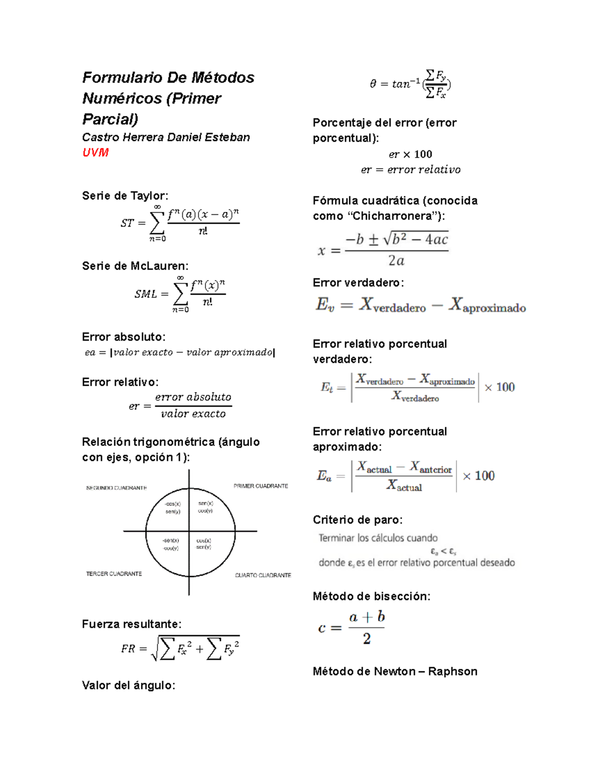 Formulario métodos numéricos (primer parcial) - Formulario De Métodos Numéricos (Primer Parcial ...