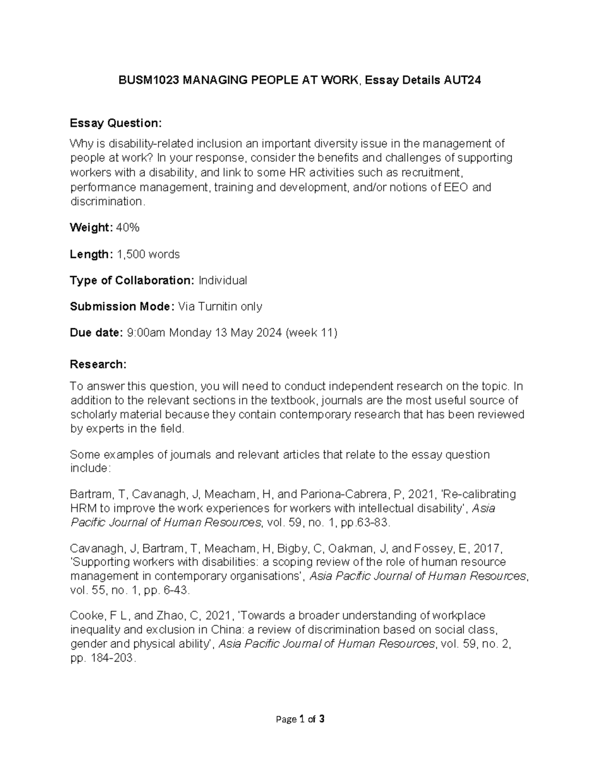 BUSM1023 Assessment 2 Details AUT24 - BUSM1023 MANAGING PEOPLE AT WORK ...