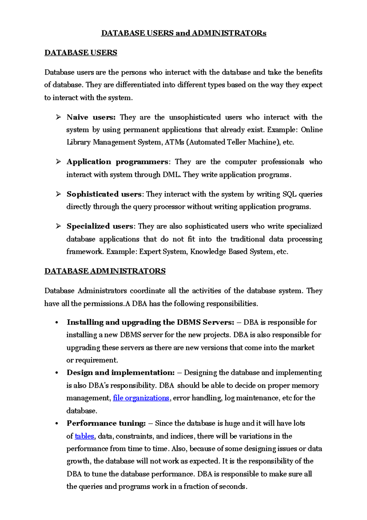6. Database Users and Administrators - DATABASE USERS and ...