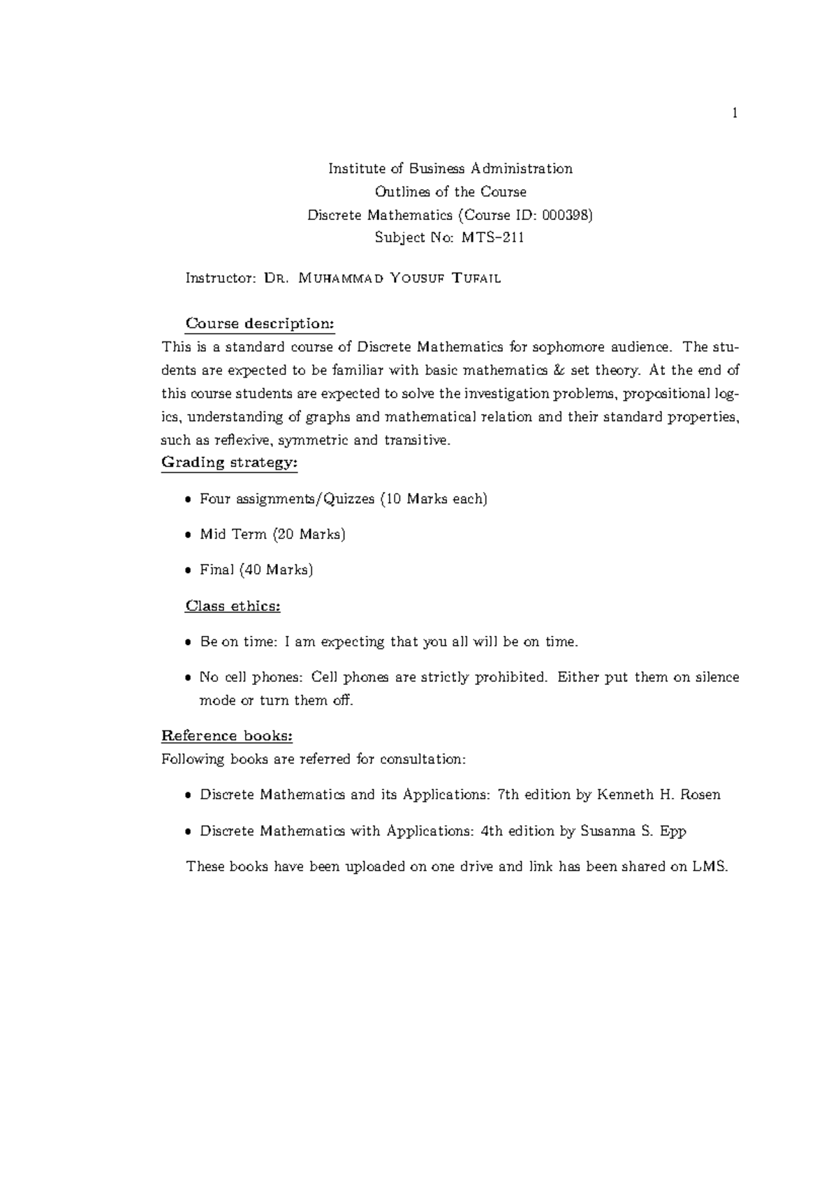 Course outline (Discrete Mathematics) - 1 Institute of Business Administration Outlines of the ...