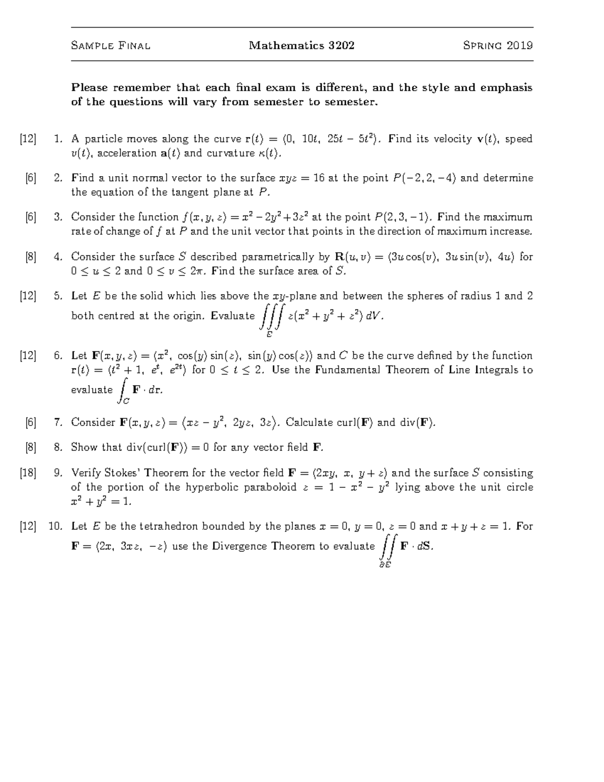 Sample-final - Sample - Sample Final Mathematics 3202 Spring 2019 Please remember that each ...