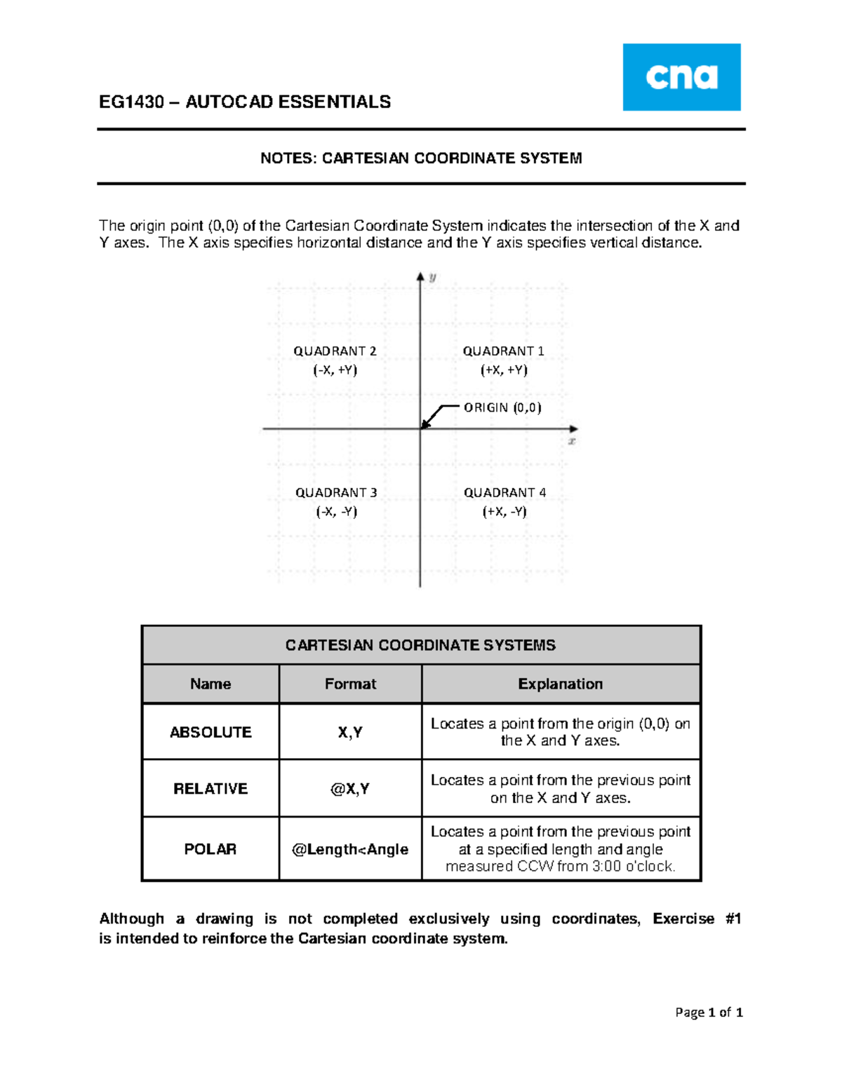 Lecture 1 Cartesian Coordinate System Notes W2022 Page 1 Of 1 Eg1430