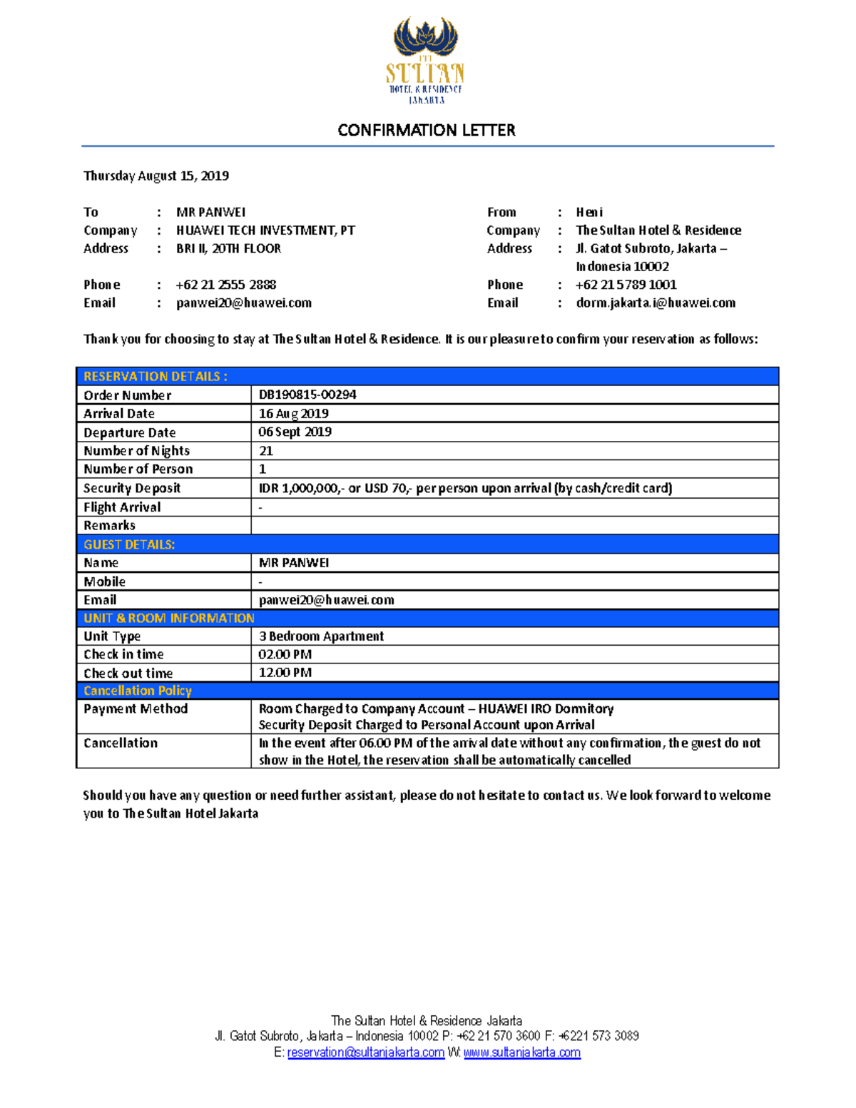 Huawe - MR Panwei - letter of domicile - The Sultan Hotel & Residence ...
