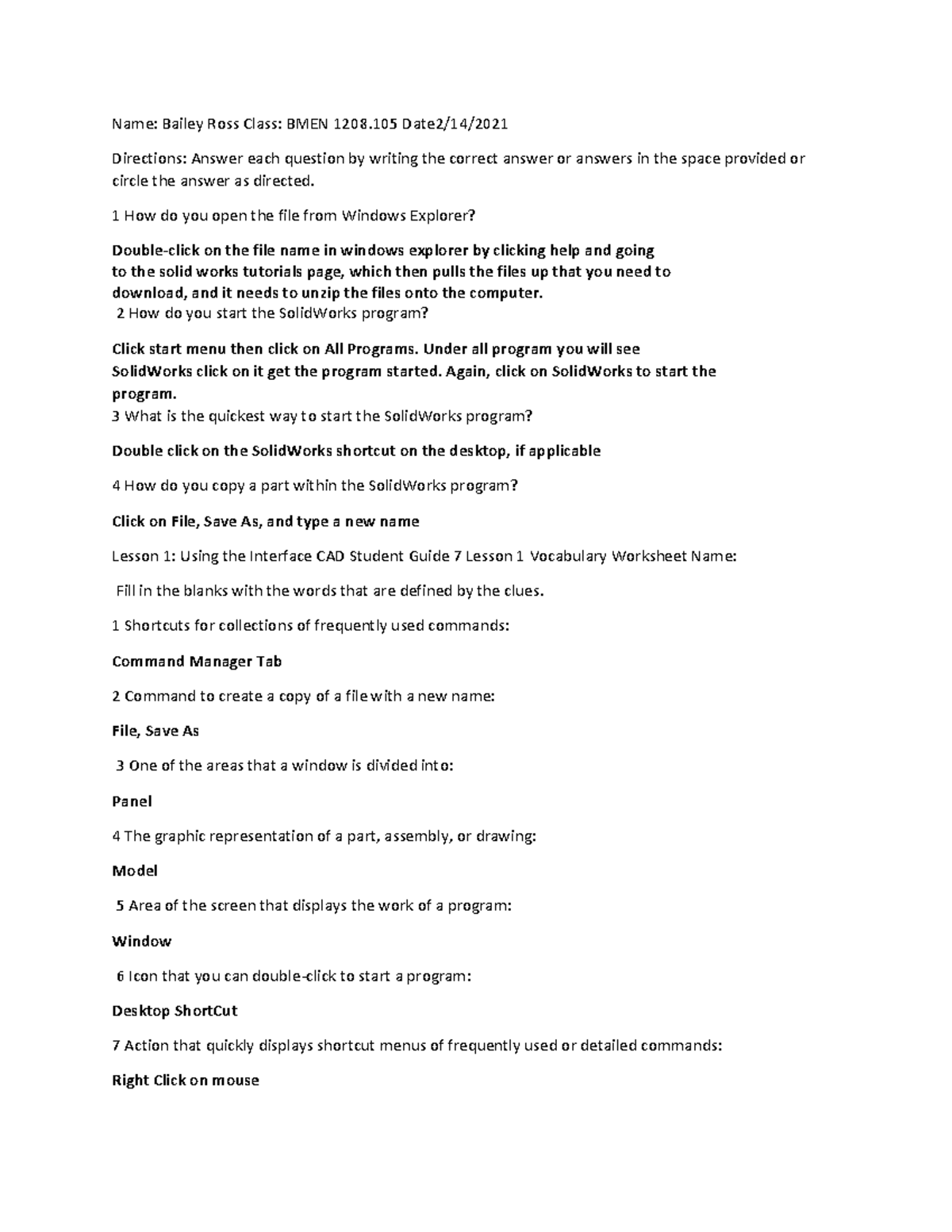 SWLesson 1-BMEN1208 - Name: Bailey Ross Class: BMEN 1208 Date2/14 ...